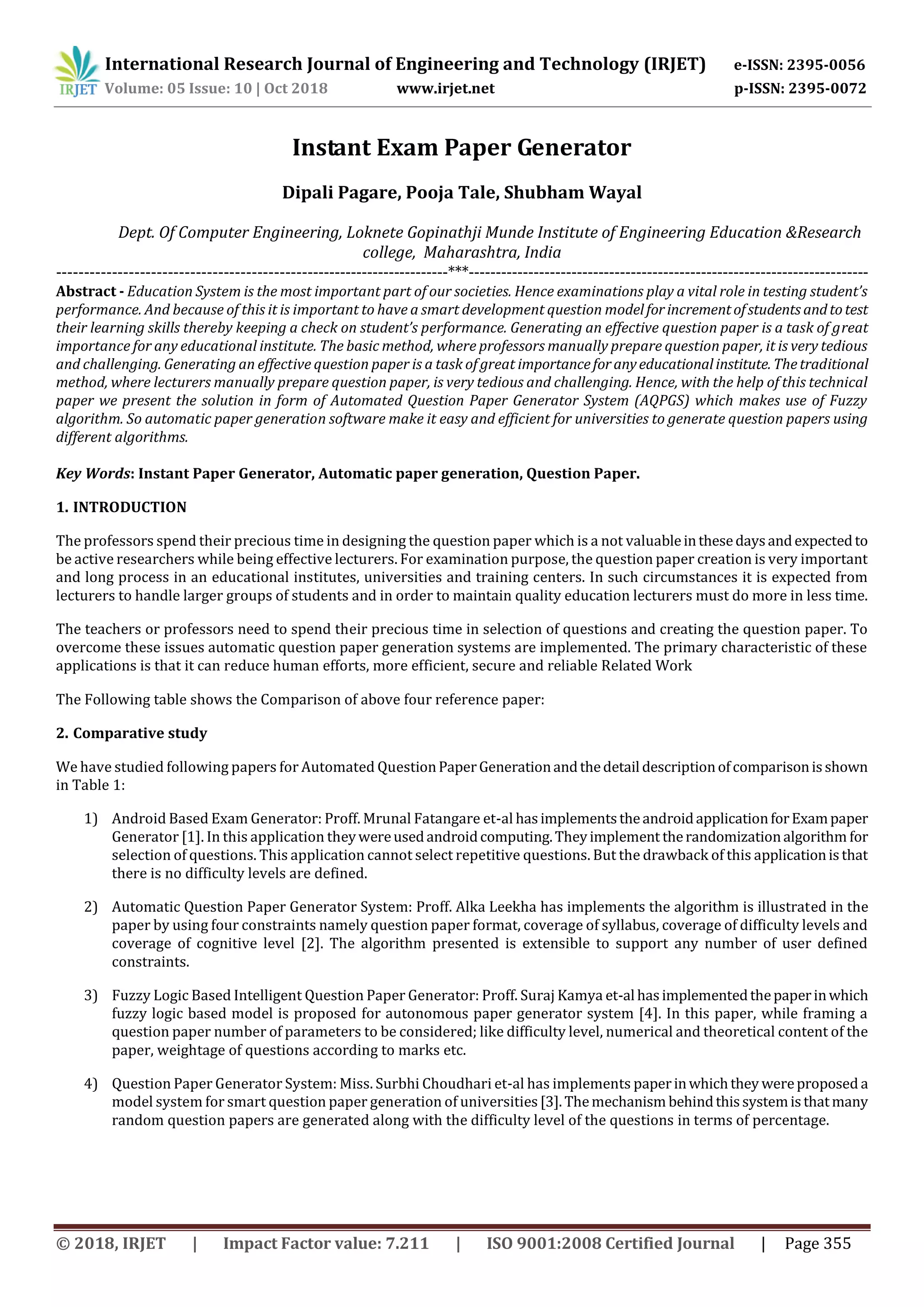 IRJET- Instant Exam Paper Generator | PDF