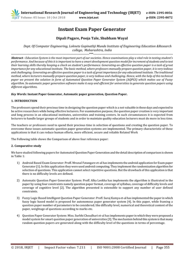 IRJET- Instant Exam Paper Generator | PDF
