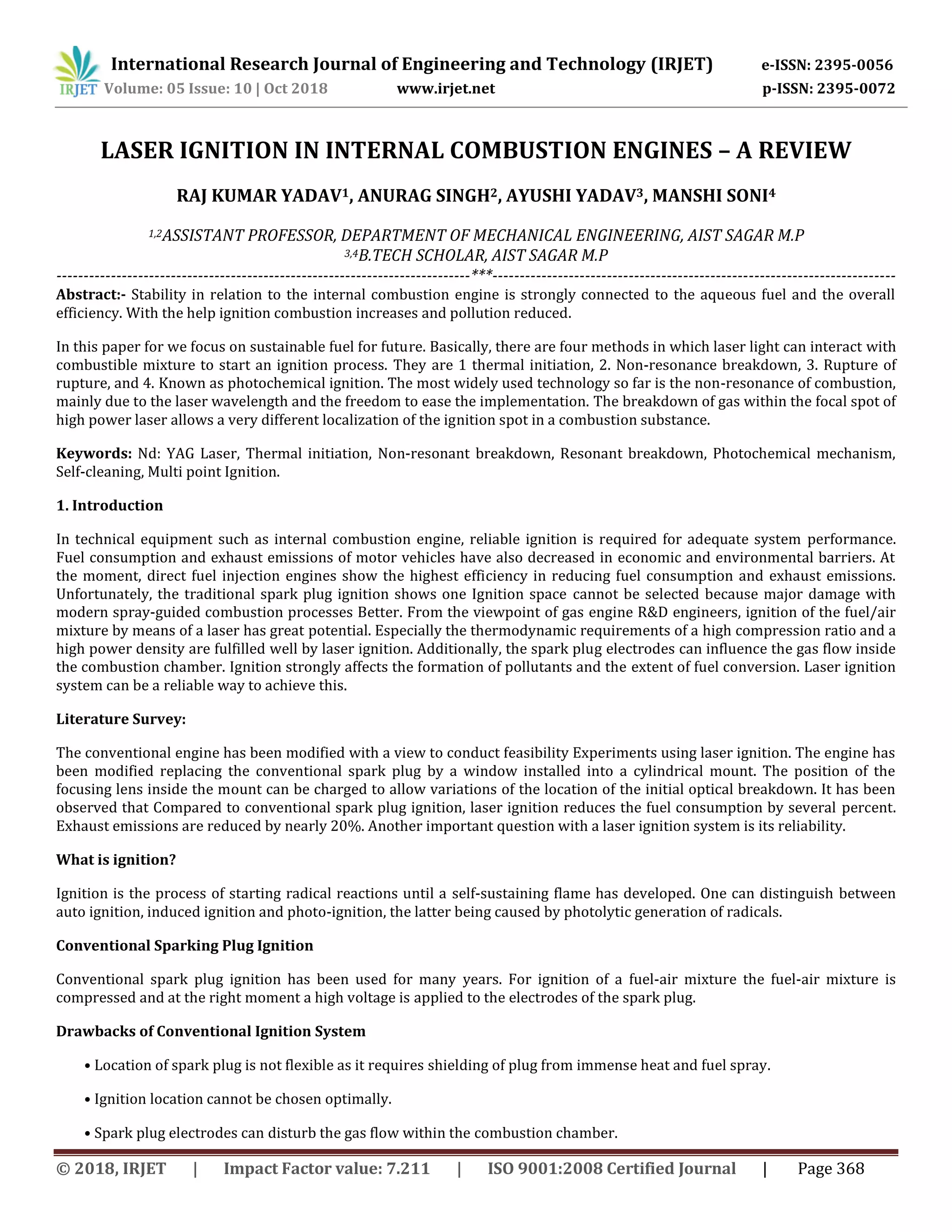 IRJET- Laser Ignition in Internal Combustion Engines – A Review | PDF