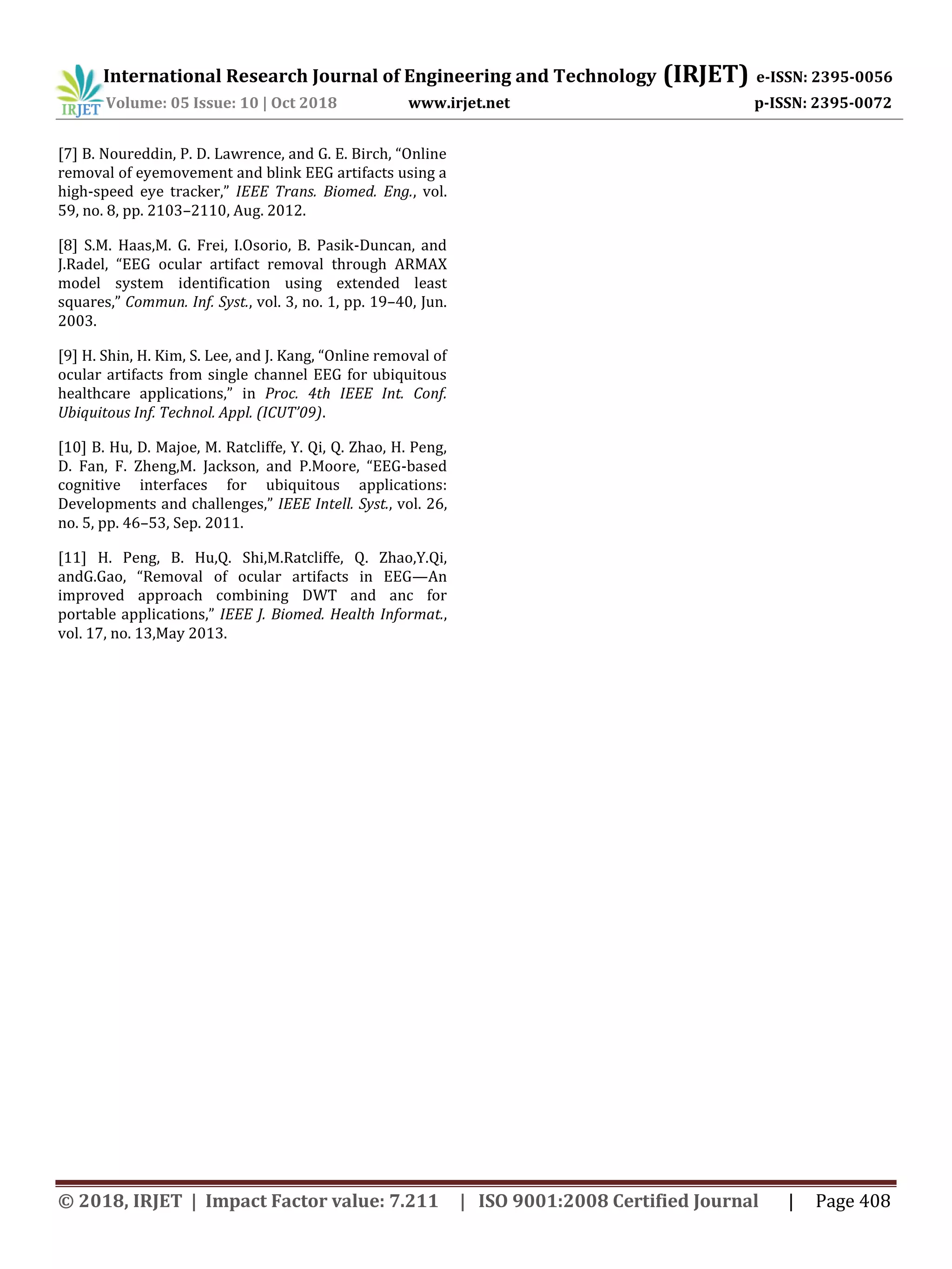 Irjet An Efficient Approach For Removal Of Ocular Artifacts In Eeg Brain Computer Interface