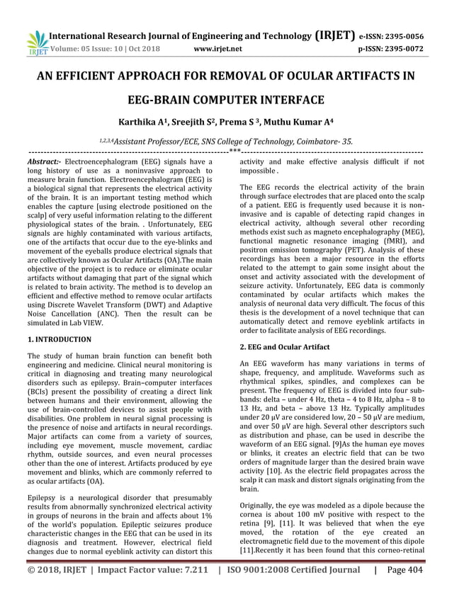 IRJET- An Efficient Approach for Removal of Ocular Artifacts in EEG-Brain Computer Interface ...