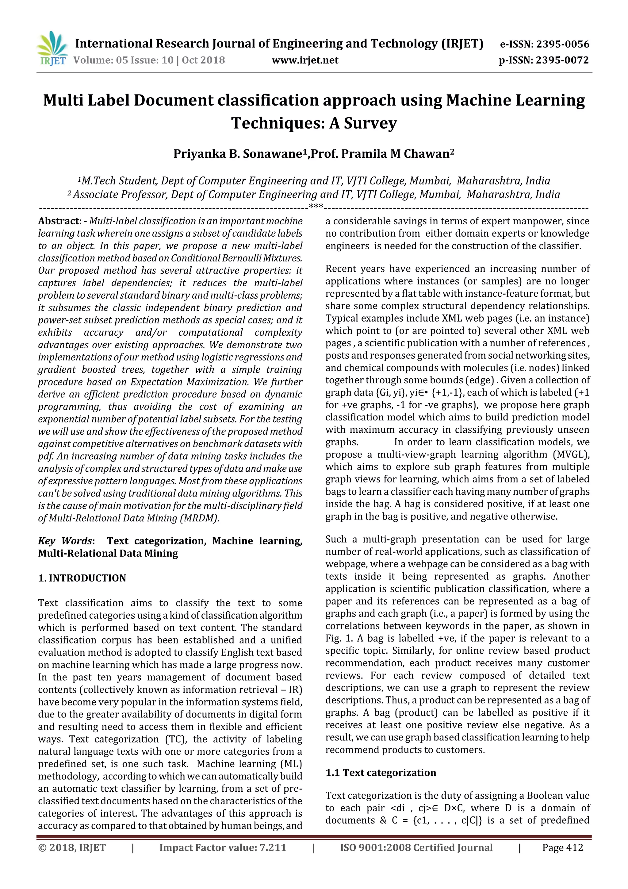 IRJET- Multi Label Document Classification Approach using Machine Learning Techniques: A Survey ...