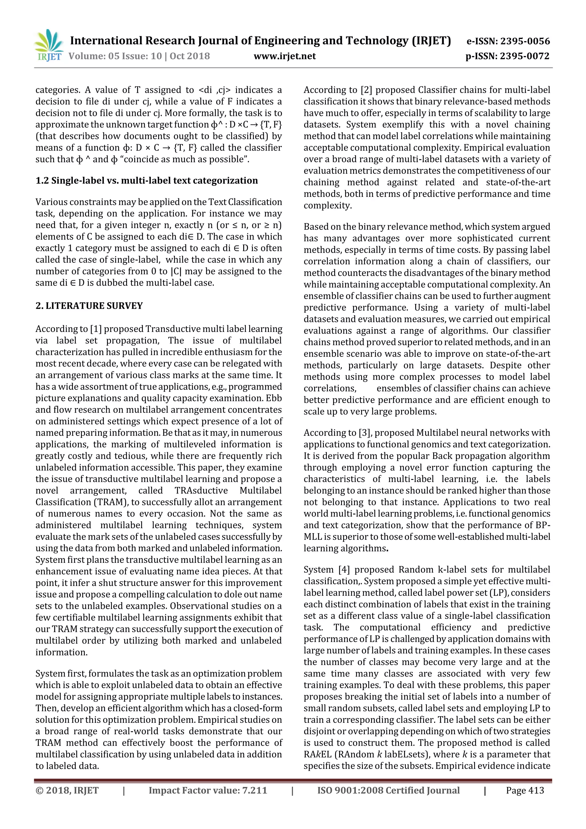 Irjet Multi Label Document Classification Approach Using Machine
