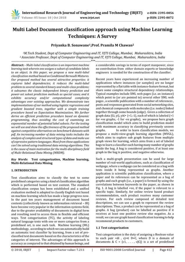 IRJET- Multi Label Document Classification Approach using Machine Learning Techniques: A Survey ...