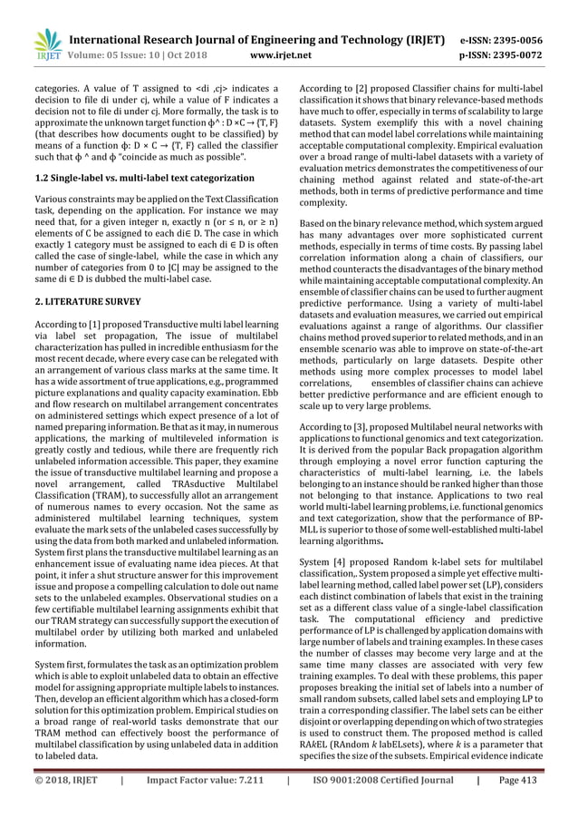 IRJET- Multi Label Document Classification Approach using Machine Learning Techniques: A Survey ...