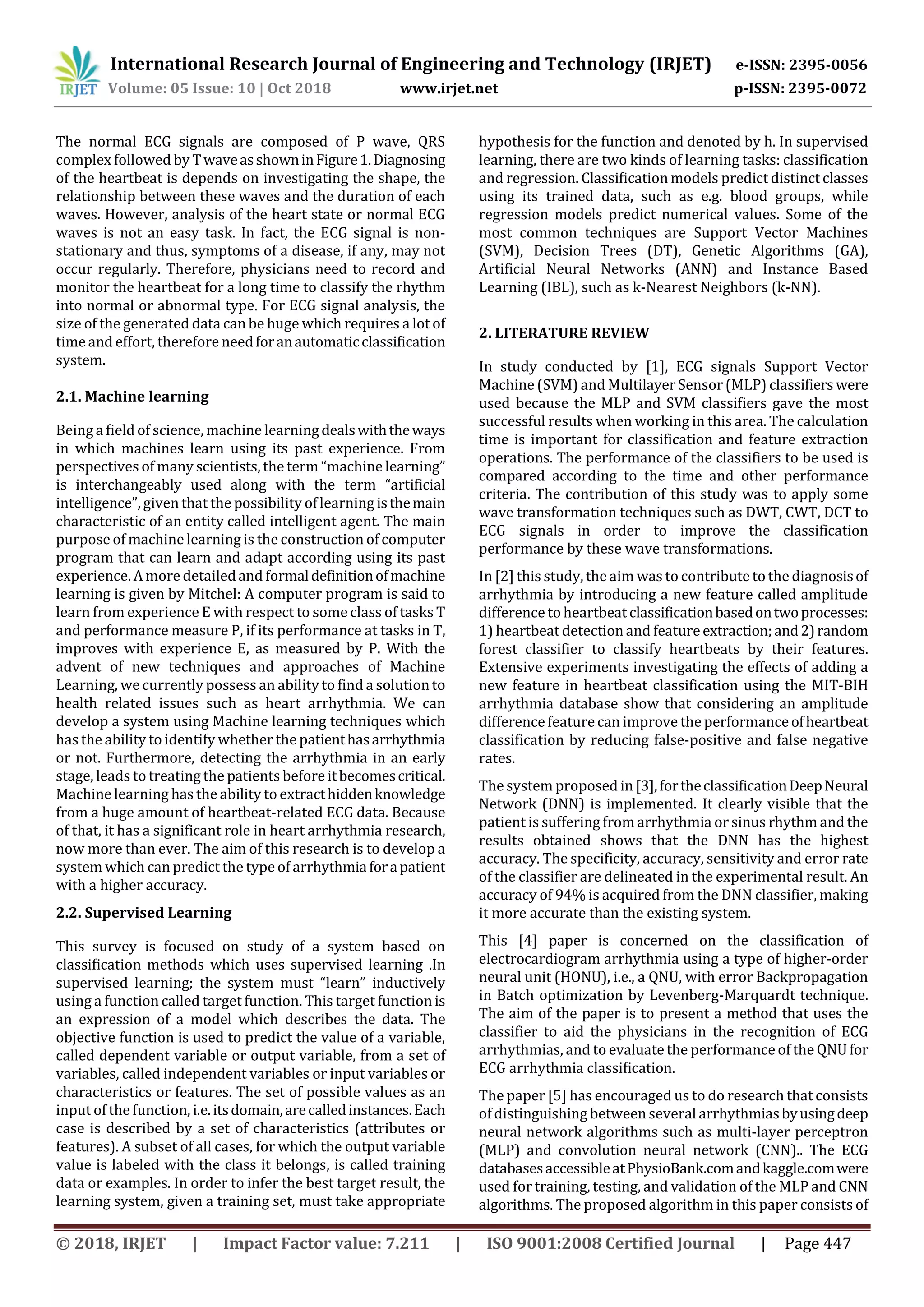 IRJET- A Survey on Classification and identification of Arrhythmia using Machine Learning ...