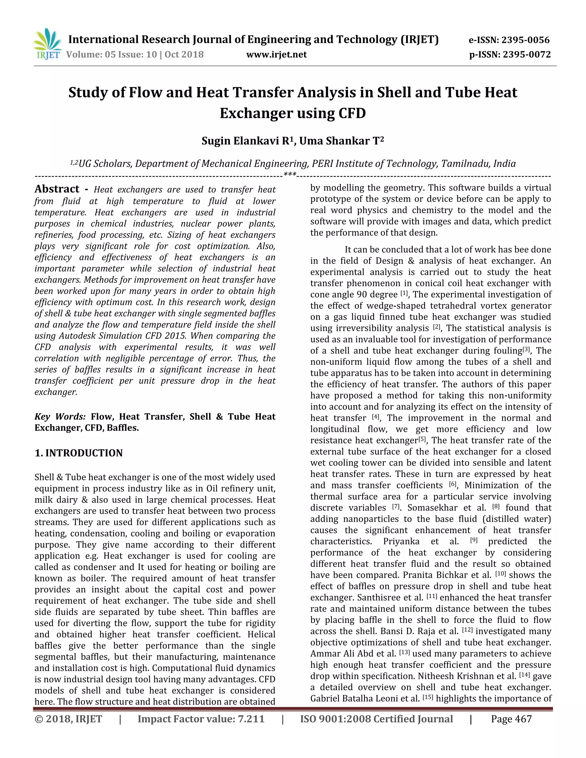 Study of Flow and Heat Transfer Analysis in Shell and Tube Heat Exchanger using CFD | PDF