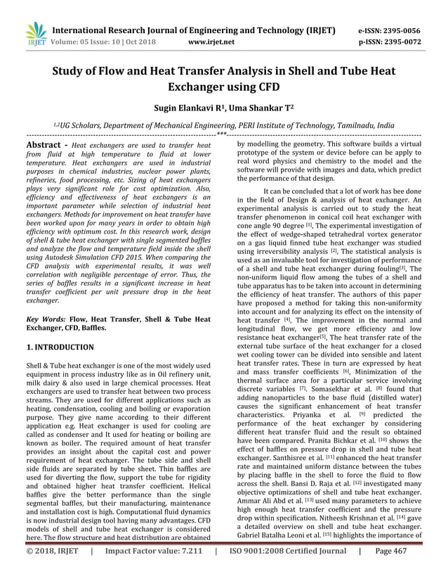 IRJET- Study of Flow and Heat Transfer Analysis in Shell and Tube Heat Exchanger using CFD | PDF