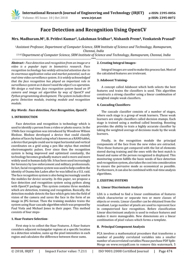 IRJET- Face Detection and Recognition using OpenCV | PDF