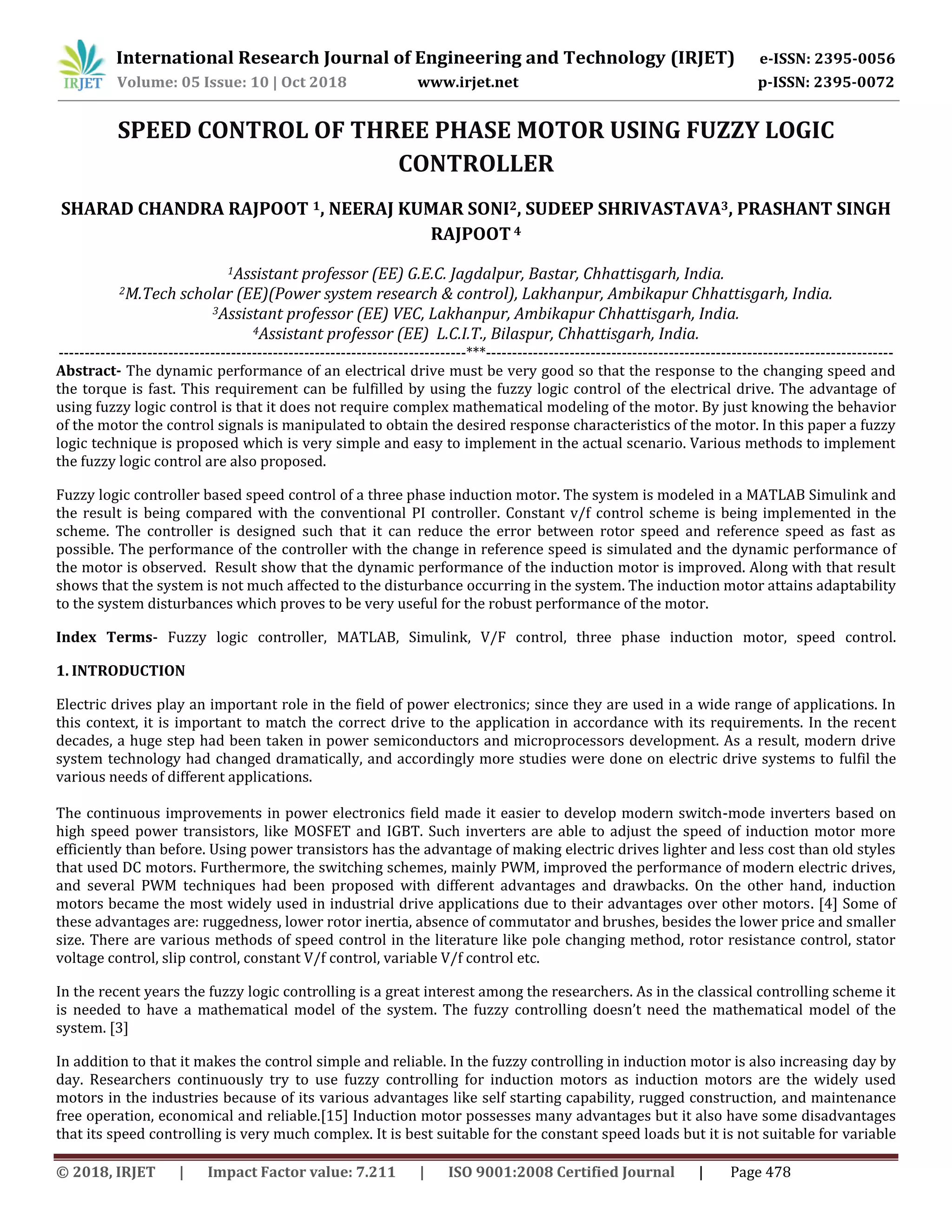 IRJET- Speed Control of Three Phase Motor using Fuzzy Logic Controller | PDF