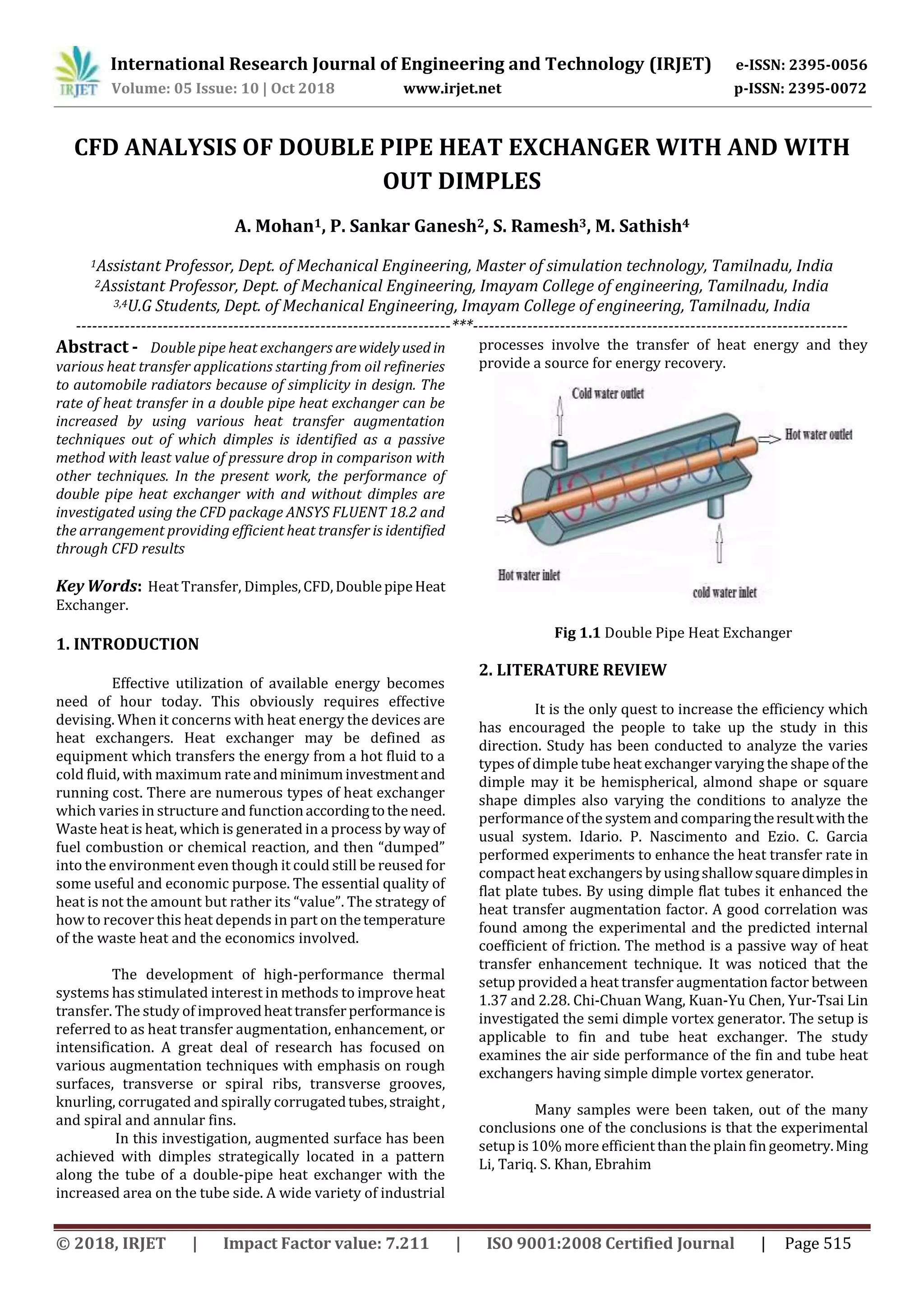 IRJET- CFD Analysis of Double Pipe Heat Exchanger with and with out ...