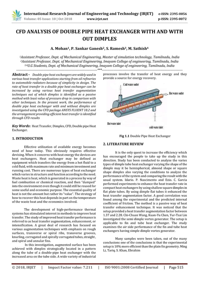 IRJET- CFD Analysis of Double Pipe Heat Exchanger with and with out Dimples | PDF | Physics ...