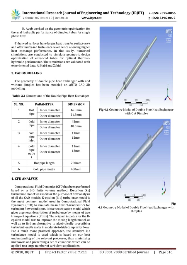 IRJET- CFD Analysis of Double Pipe Heat Exchanger with and with out Dimples | PDF | Physics ...