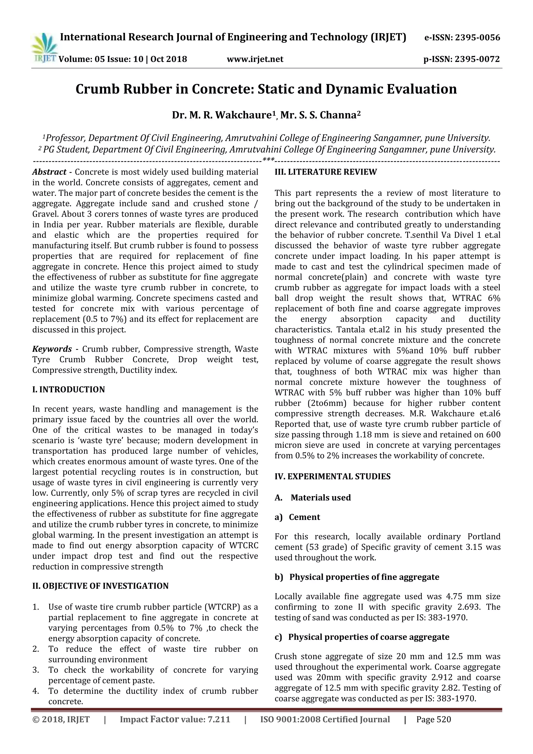 IRJET- Crumb Rubber in Concrete: Static and Dynamic Evaluation | PDF