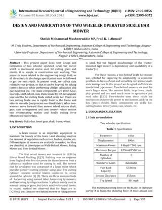 IRJET- Design and Fabrication of Two Wheeler Operated Sickle Bar Mower ...