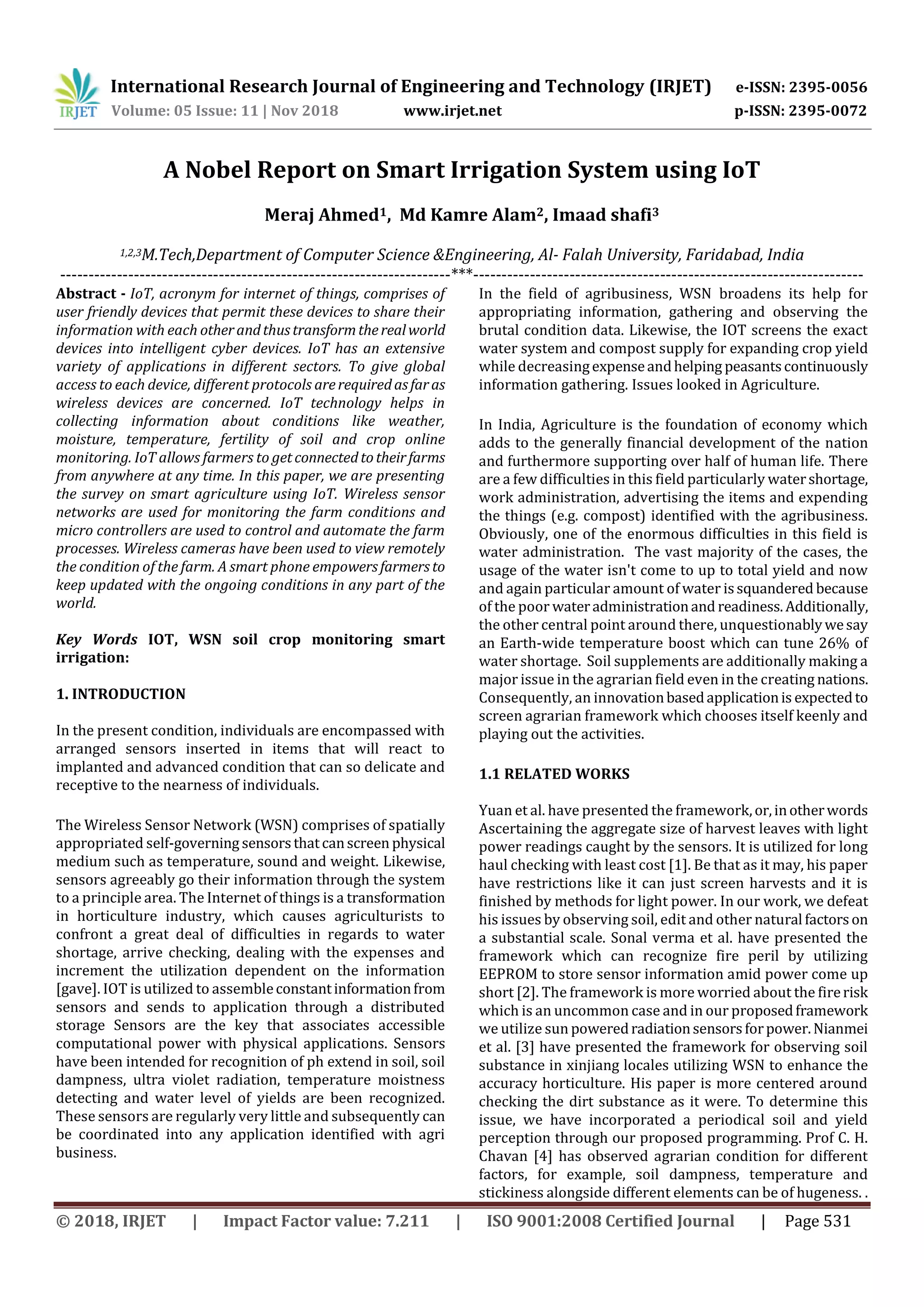 IRJET- A Nobel Report on Smart Irrigation System using IoT | PDF | Agriculture | Industries