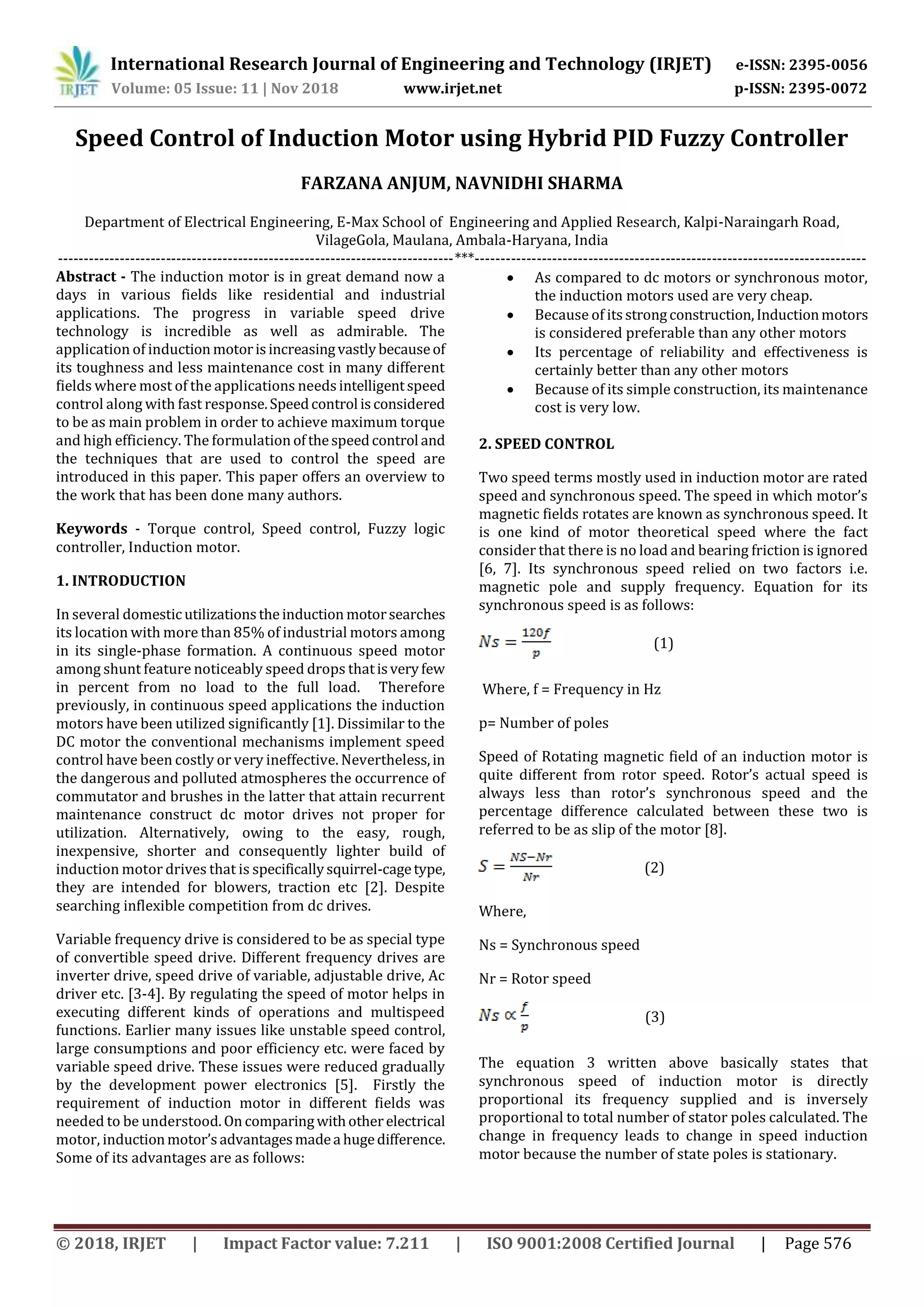 IRJET- Speed Control of Induction Motor using Hybrid PID Fuzzy Controller | PDF