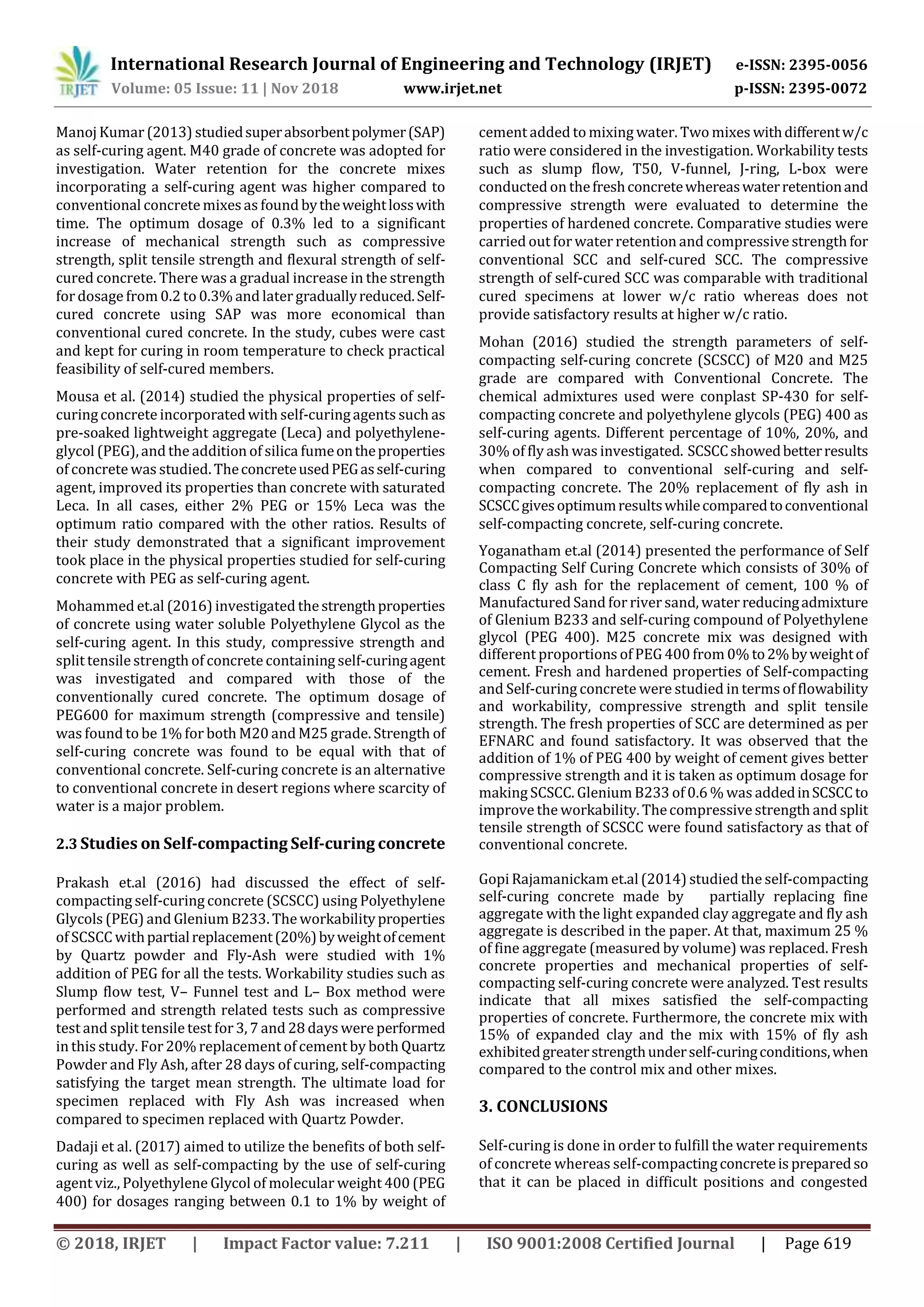 IRJET- Self-Compacting Self-Curing Concrete: A Review | PDF