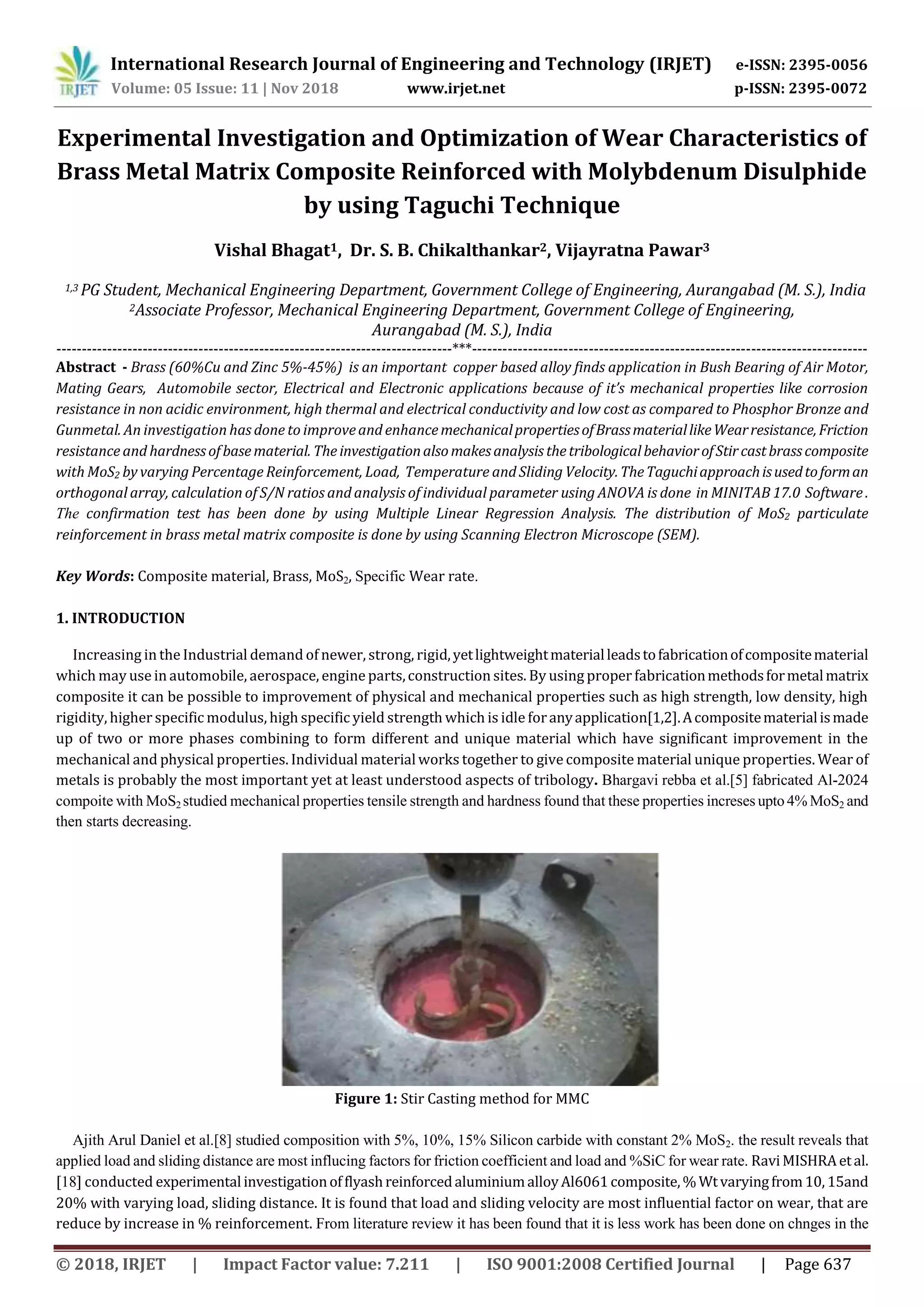 IRJET- Experimental Investigation and Optimization of Wear Characteristics of Brass Metal Matrix ...