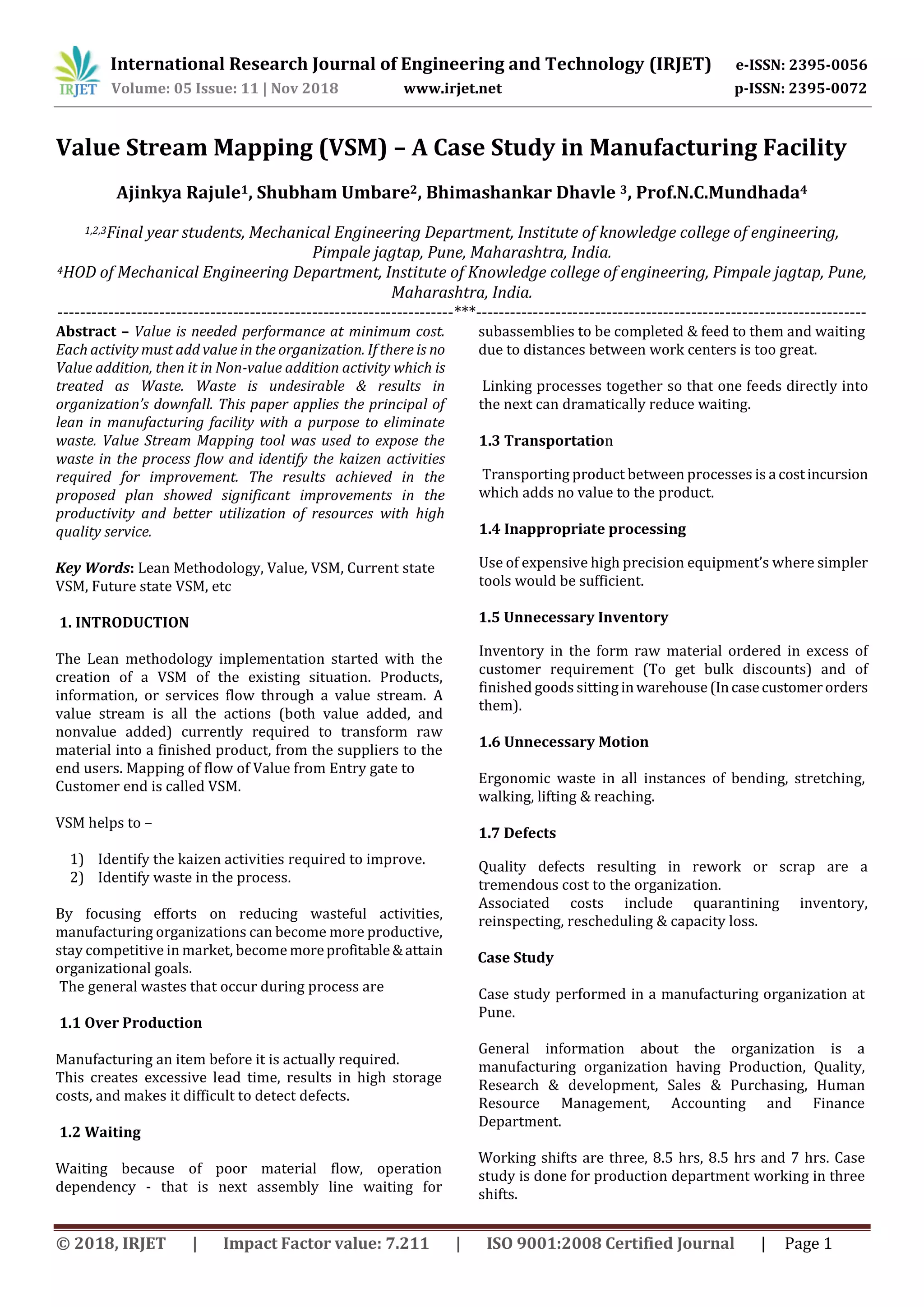 IRJET- Value Stream Mapping (VSM) – A Case Study in Manufacturing Facility | PDF