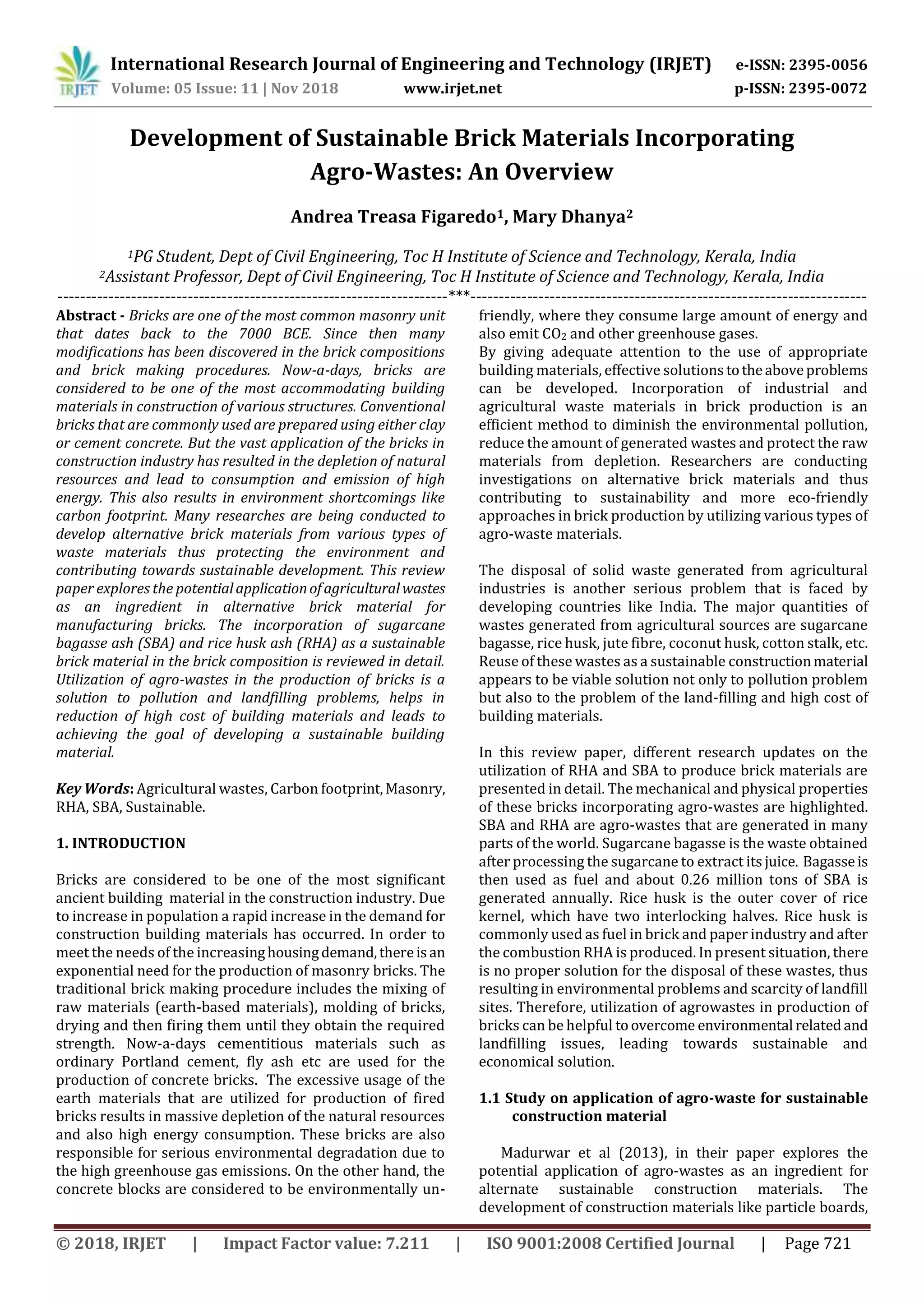 IRJET- Development of Sustainable Brick Materials Incorporating Agro ...