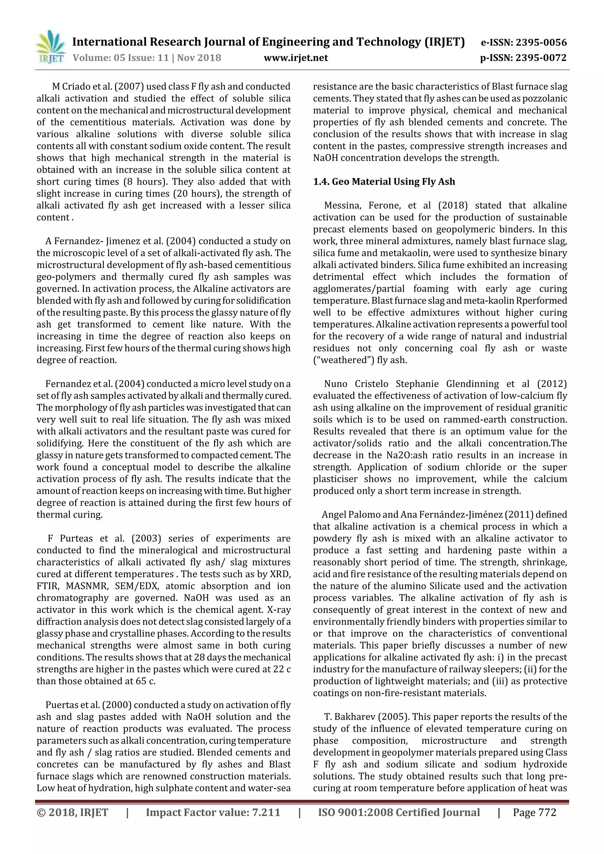 IRJET- Alkaline Activation of Fly Ash: An Overview | PDF