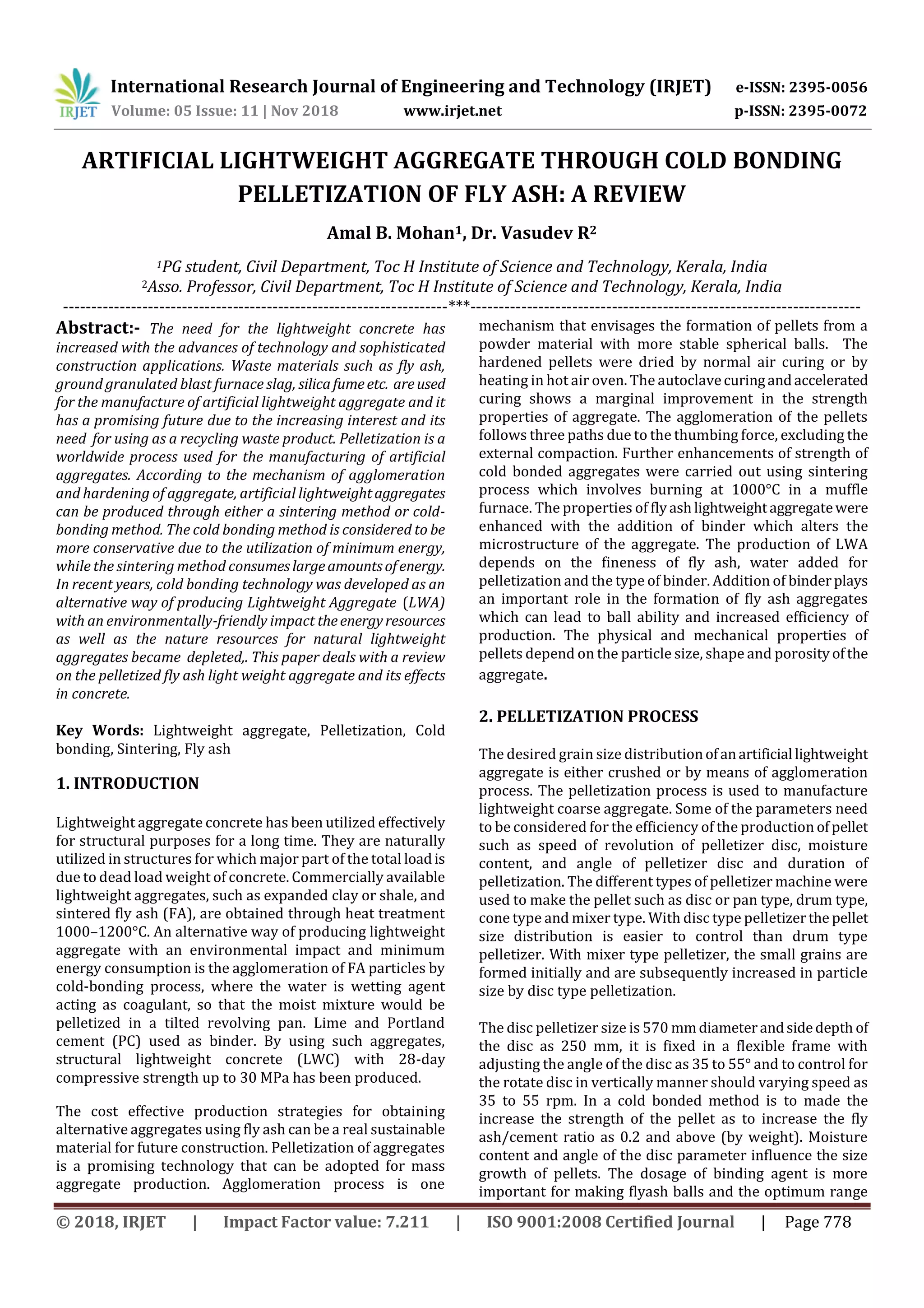 IRJET- Artificial Lightweight Aggregate through Cold Bonding ...