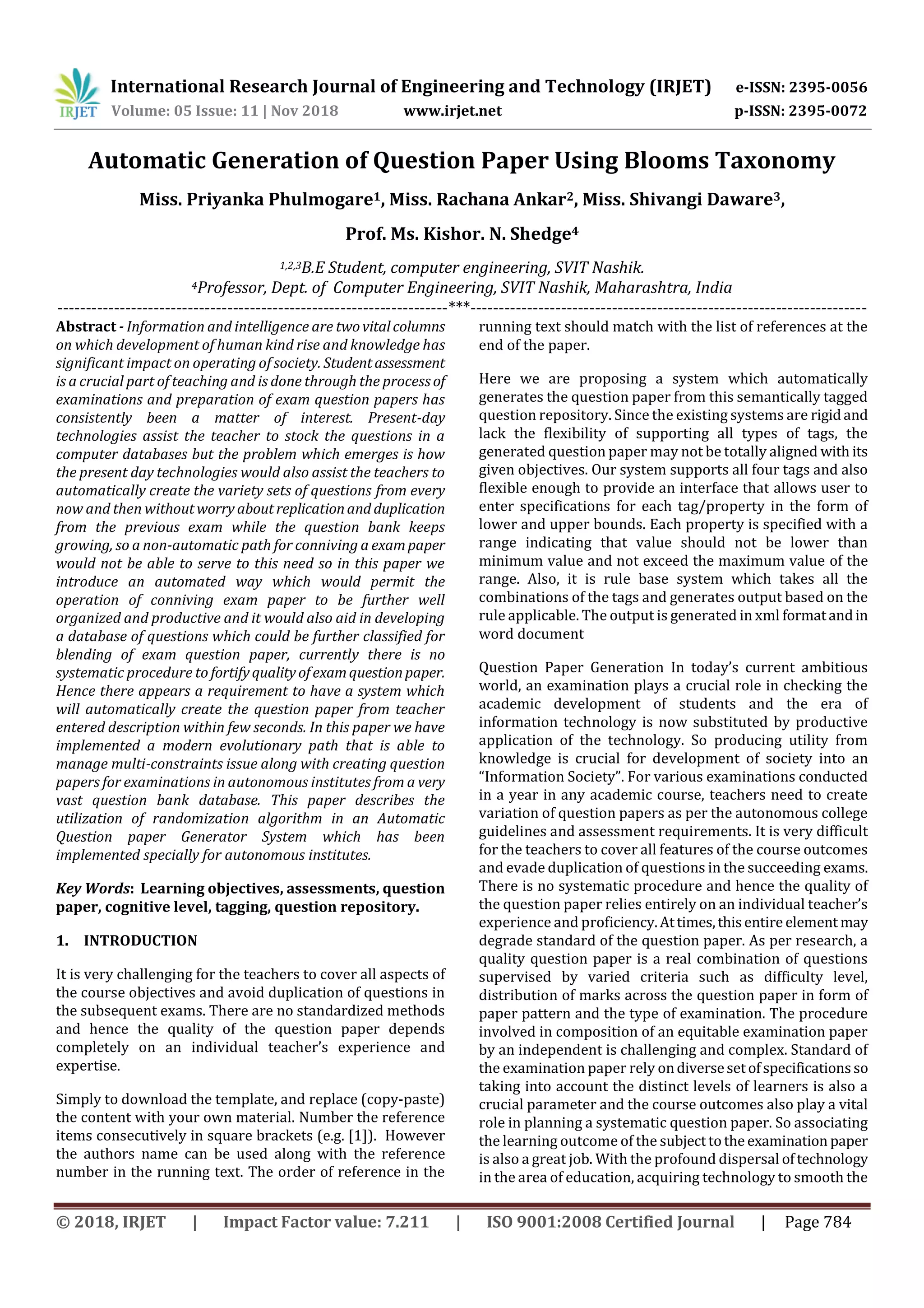 IRJET- Automatic Generation of Question Paper using Blooms Taxonomy | PDF