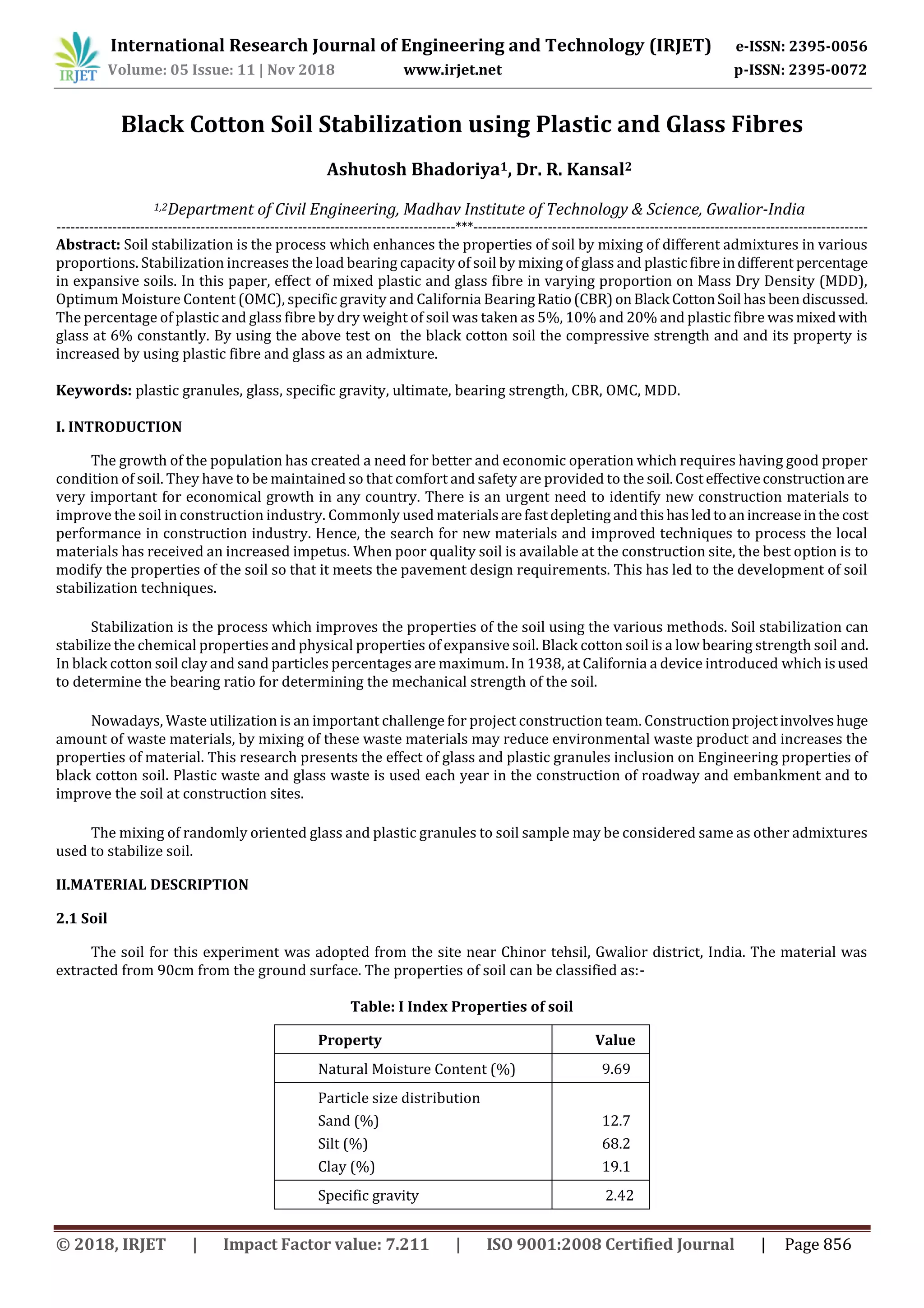 IRJET- Black Cotton Soil Stabilization using Plastic and Glass Fibres | PDF
