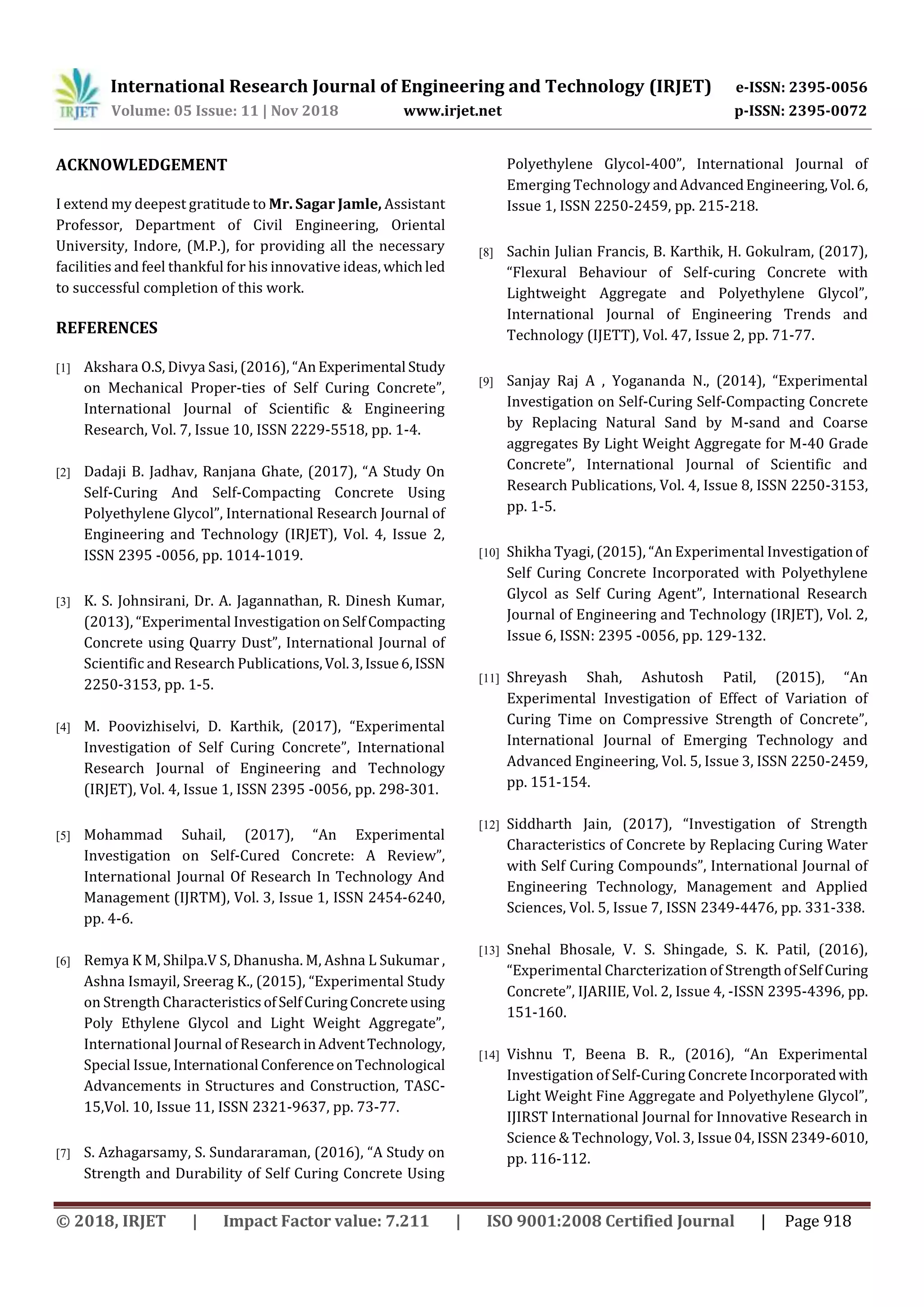 IRJET- Use of Polyethylene Glycol as Self Curing Agent in Self Curing Concrete - An Experimental ...