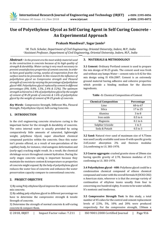 IRJET- Use of Polyethylene Glycol as Self Curing Agent in Self Curing ...