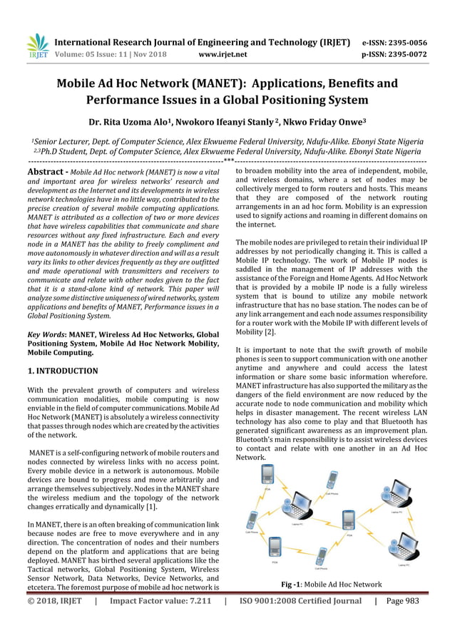 IRJET- Mobile Ad Hoc Network (MANET): Applications, Benefits and Performance Issues in a Global ...