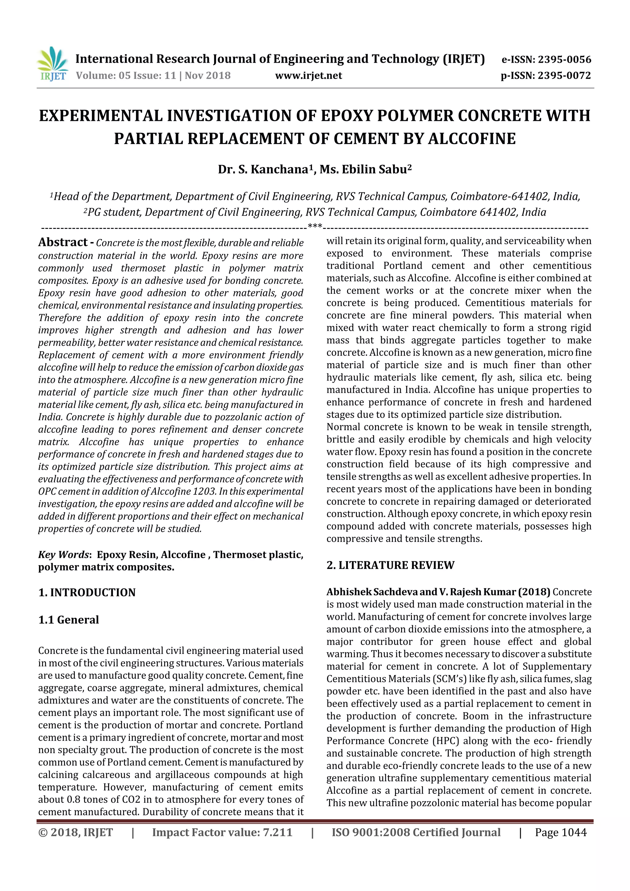 IRJET- Experimental Investigation of Epoxy Polymer Concrete with ...