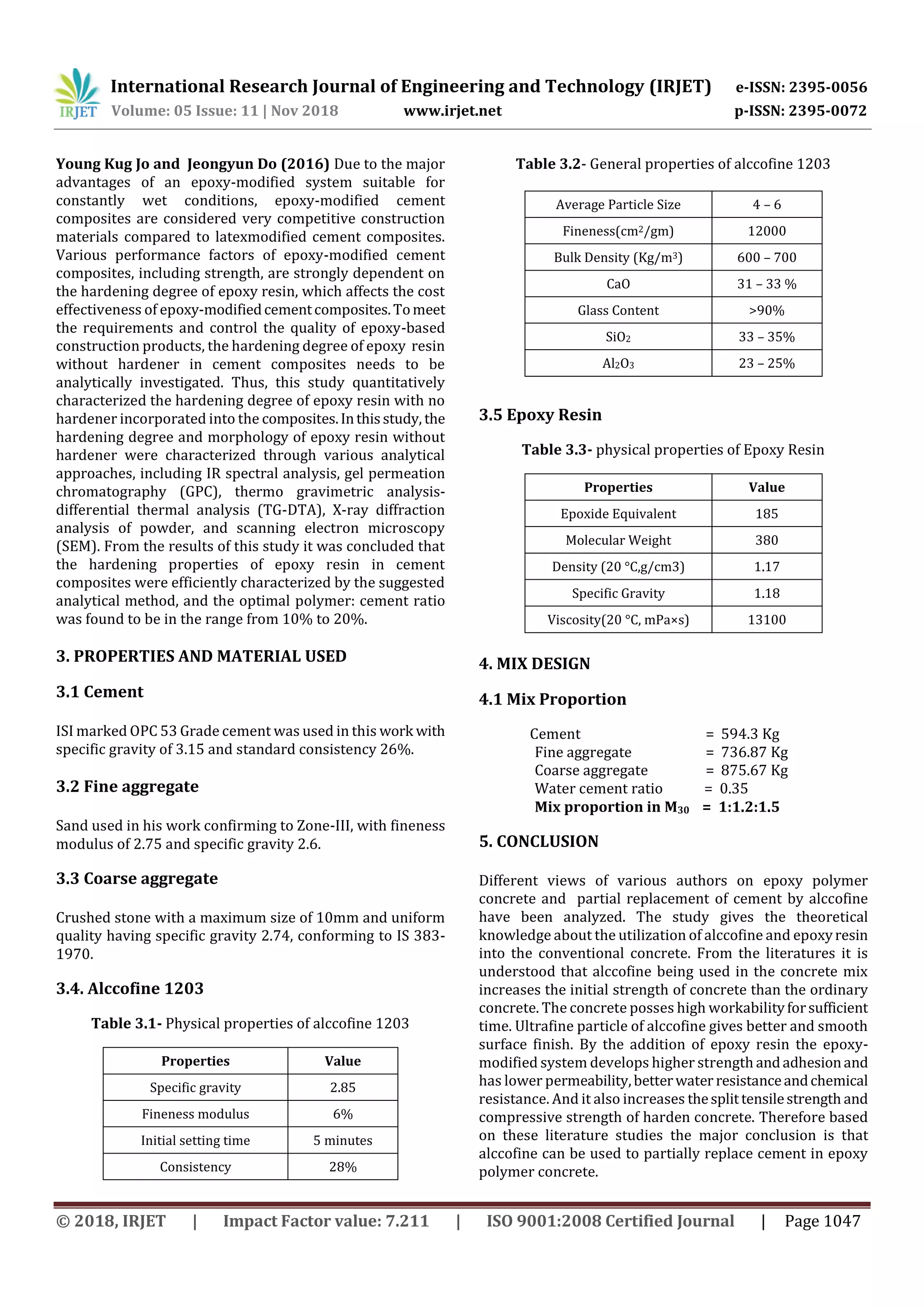 IRJET- Experimental Investigation of Epoxy Polymer Concrete with Partial Replacement of Cement ...
