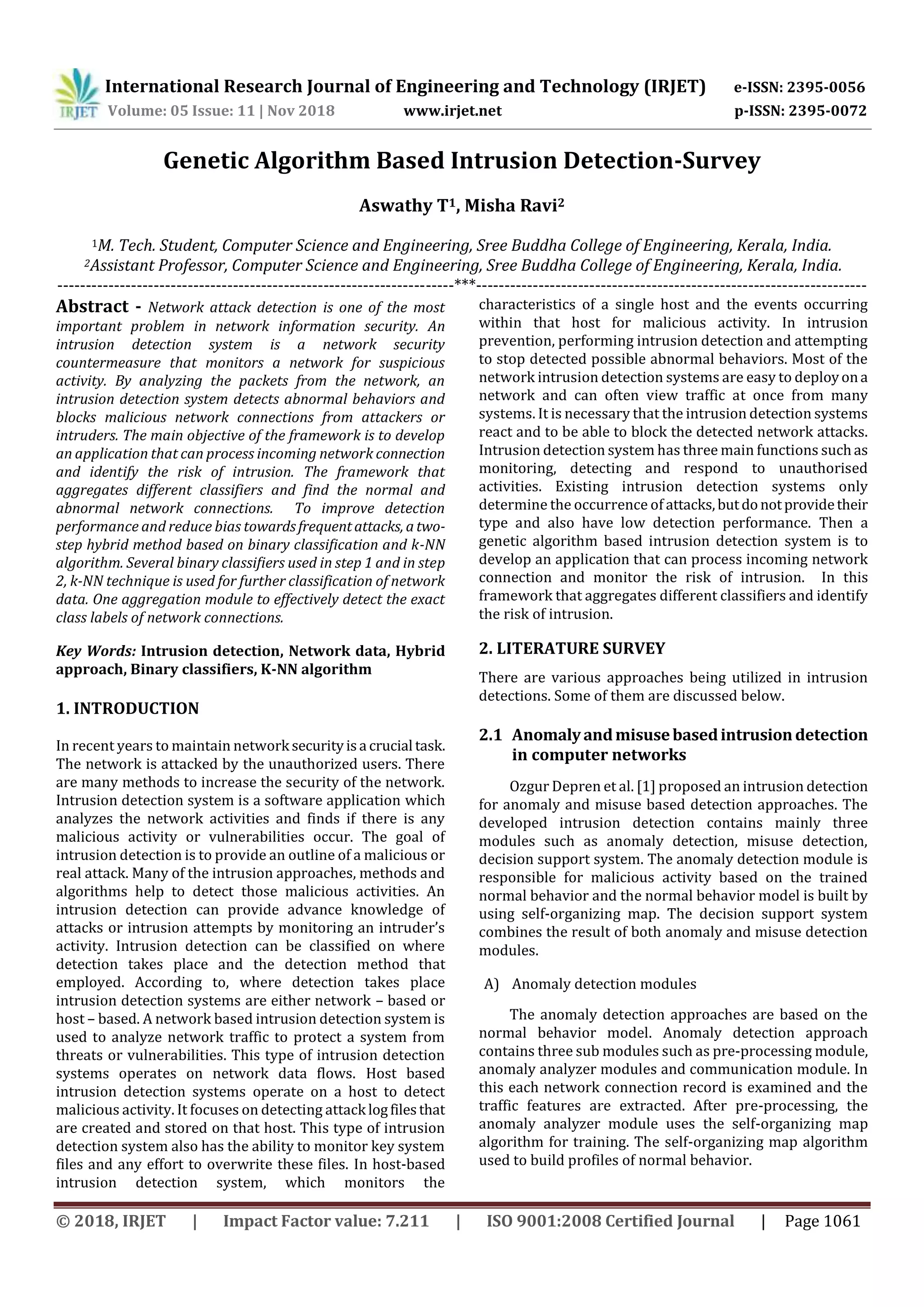 IRJET- Genetic Algorithm based Intrusion Detection-Survey | PDF