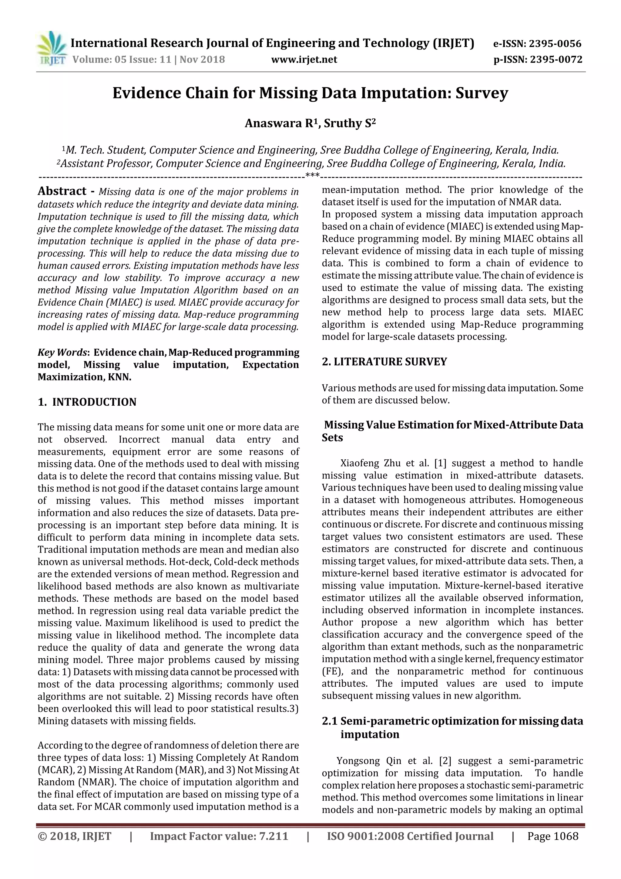 IRJET- Evidence Chain for Missing Data Imputation: Survey | PDF