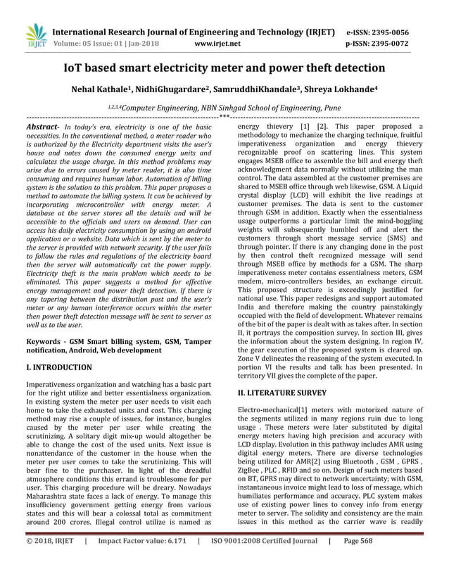 IRJET-IoT based Smart Electricity Meter and Power Theft Detection | PDF
