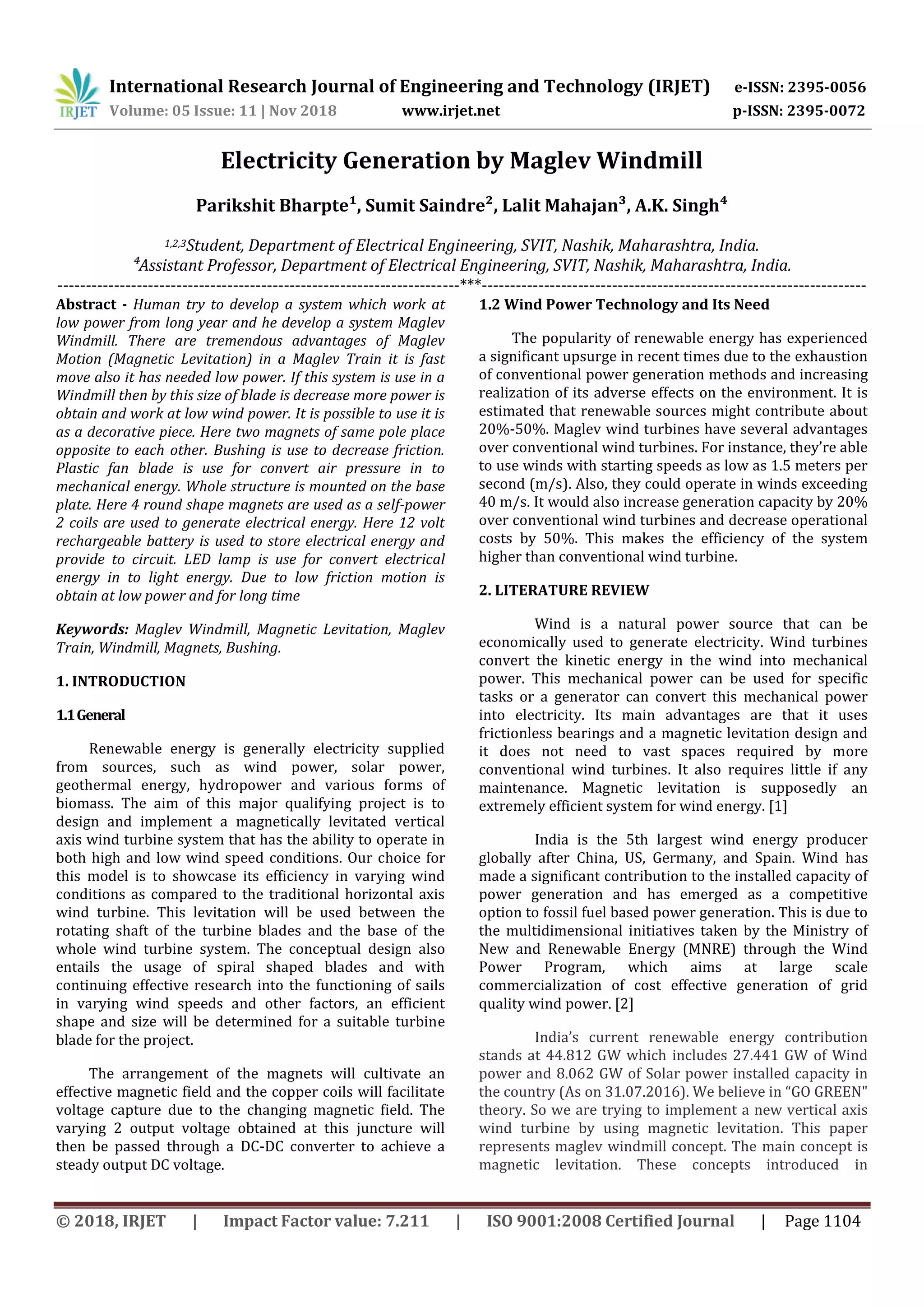 IRJET- Electricity Generation by Maglev Windmill | PDF