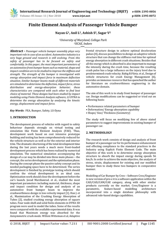 IRJET- Finite Element Analysis of Passenger Vehicle Bumper | PDF | Physics | Science
