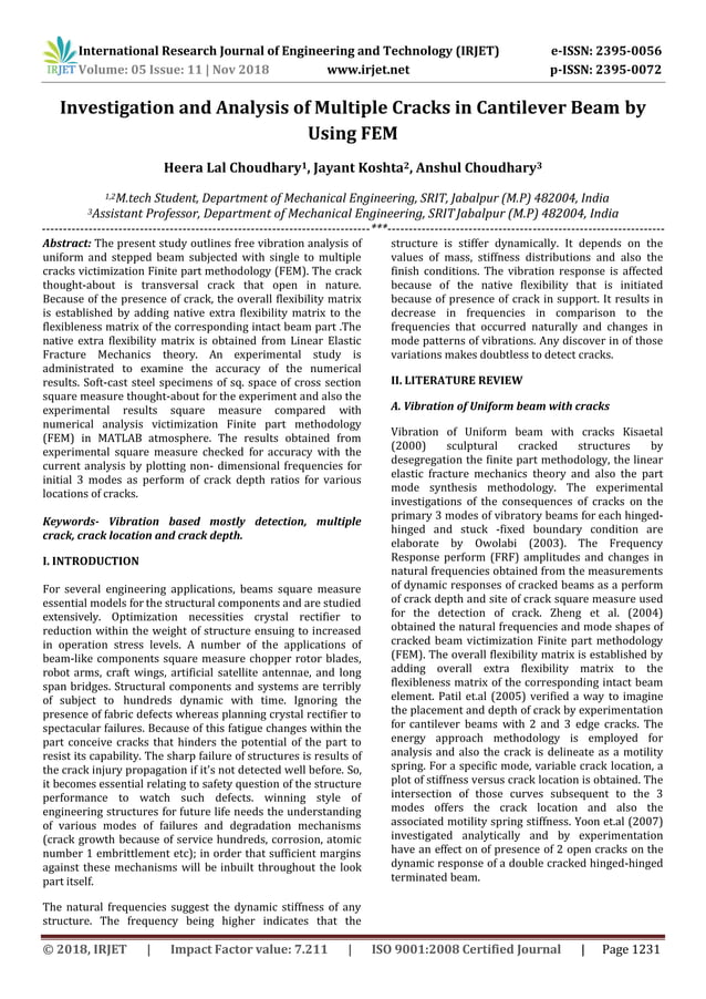 IRJET- Investigation and Analysis of Multiple Cracks in Cantilever Beam by using FEM | PDF