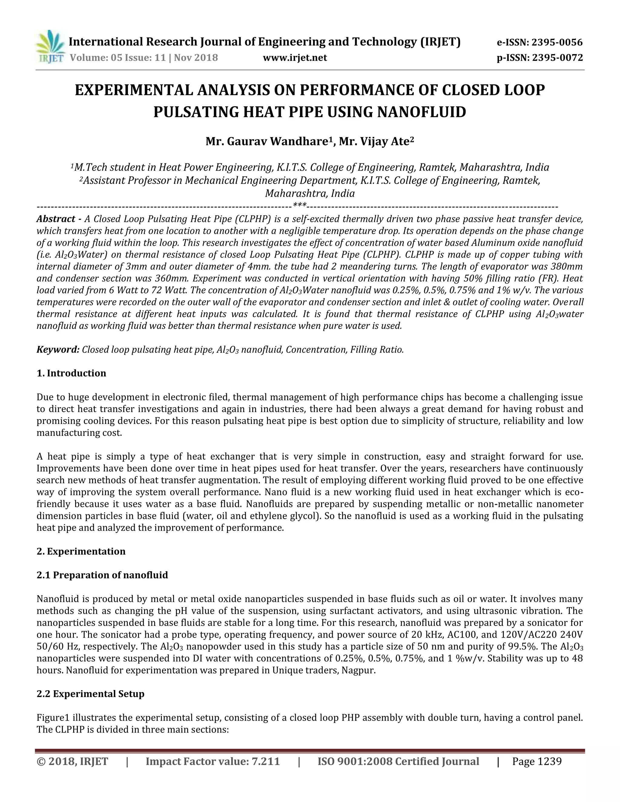 Irjet Experimental Analysis On Performance Of Closed Loop Pulsating