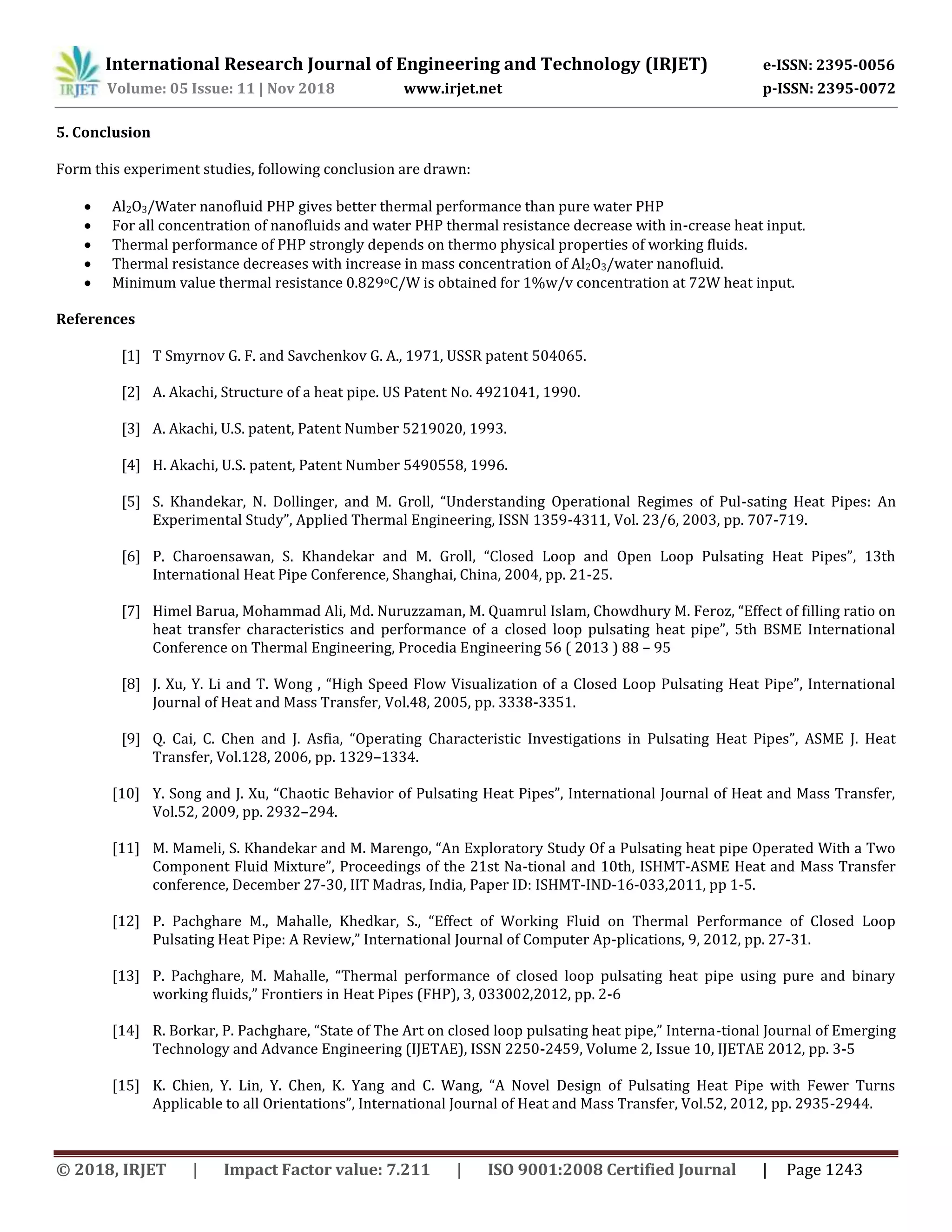 Irjet Experimental Analysis On Performance Of Closed Loop Pulsating Heat Pipe Using Nanofluid Pdf