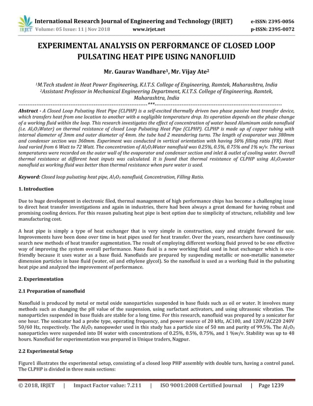 IRJET- Experimental Analysis on Performance of Closed Loop Pulsating Heat Pipe using Nanofluid | PDF