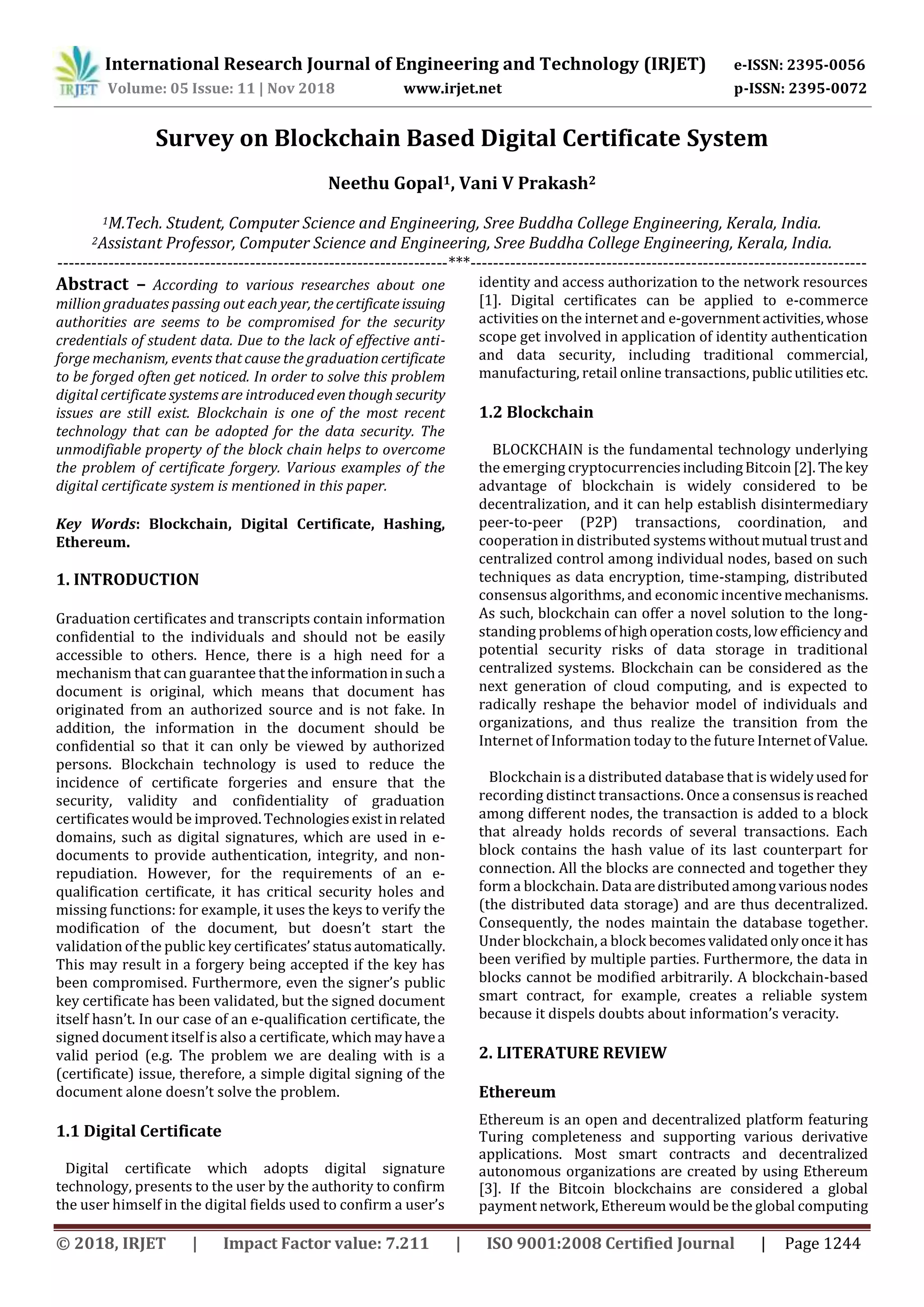 IRJET- Survey on Blockchain based Digital Certificate System | PDF