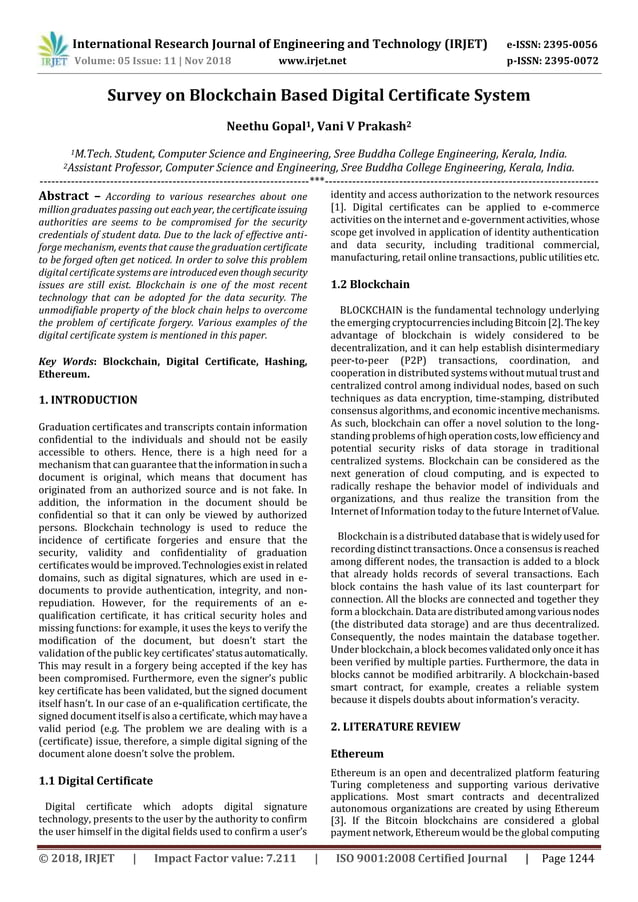 IRJET- Survey on Blockchain based Digital Certificate System | PDF