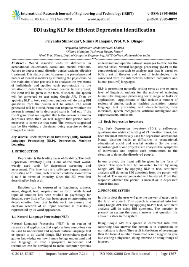 IRJET- BDI using NLP for Efficient Depression Identification | PDF