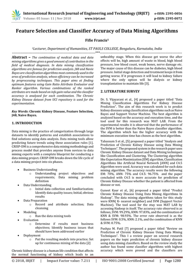 Irjet Feature Selection And Classifier Accuracy Of Data Mining Algorithms Pdf 1821