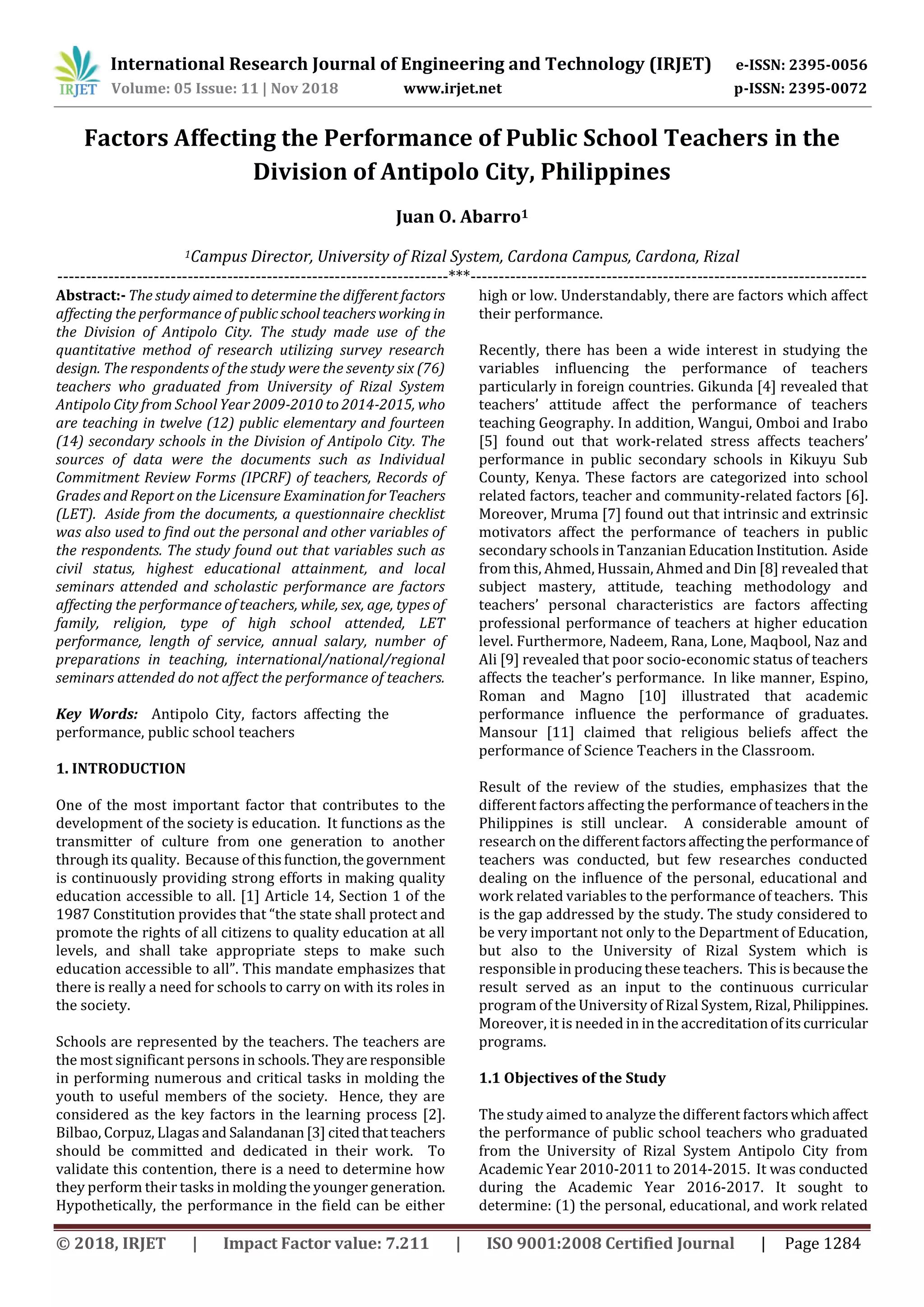 IRJET- Factors Affecting the Performance of Public School Teachers in ...