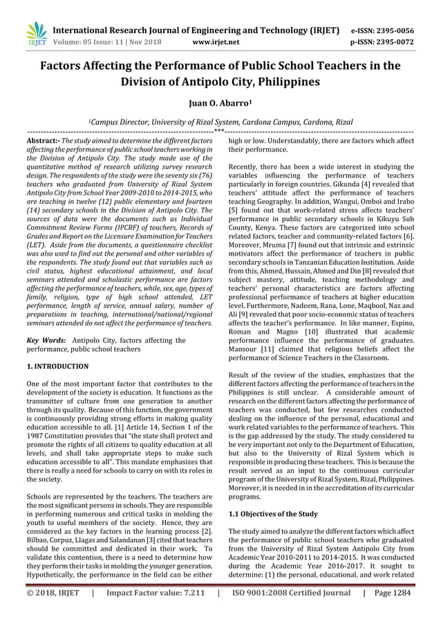 IRJET- Factors Affecting the Performance of Public School Teachers in the Division of Antipolo ...