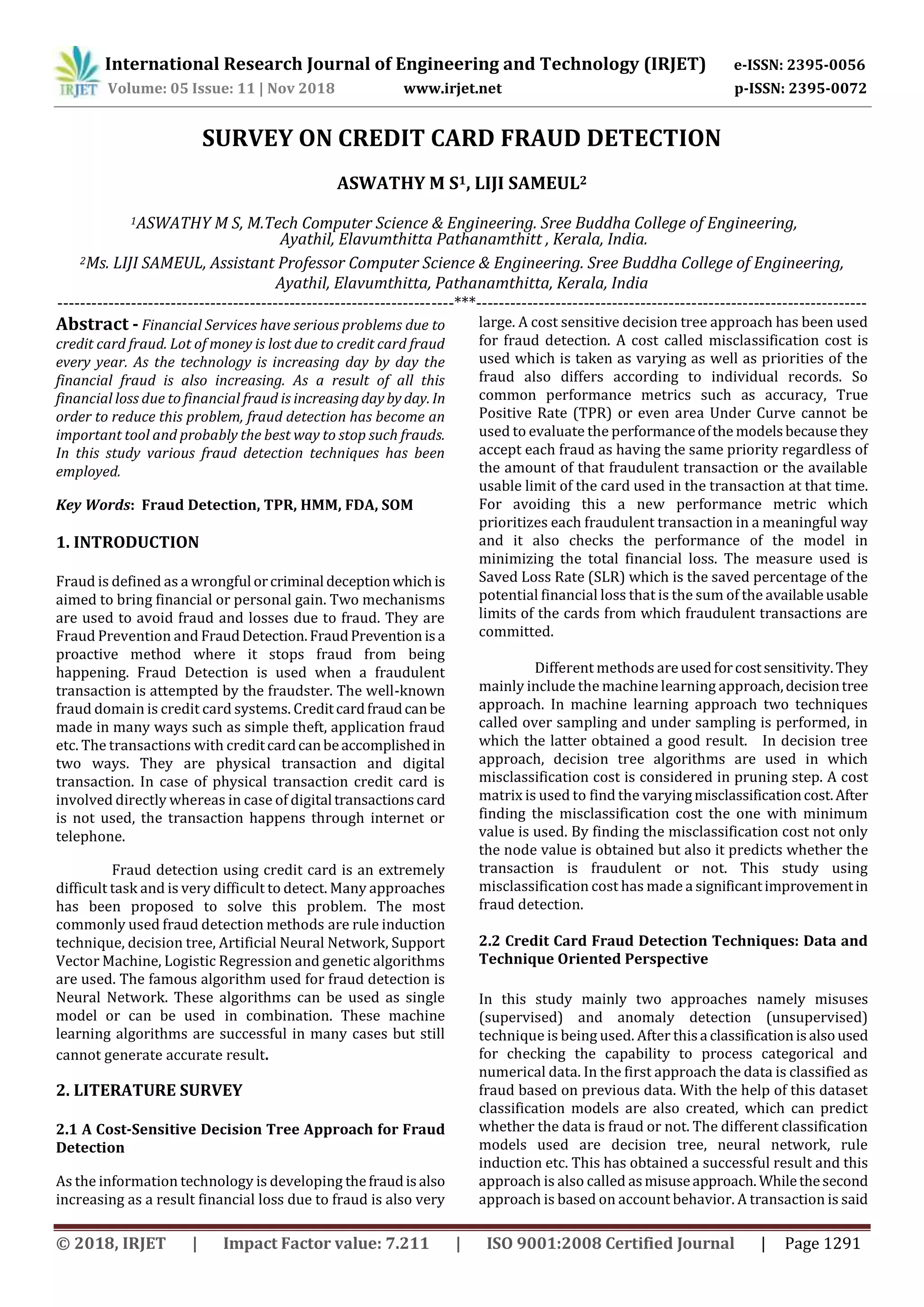 IRJET- Survey on Credit Card Fraud Detection | PDF